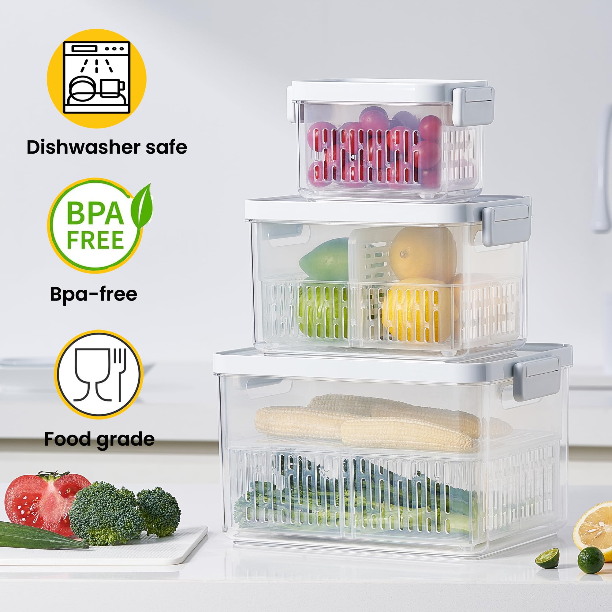 vacane Fruit Storage Containers for Fridge 3.8 Cup, Produce Containers with Colanders, Dishwasher Safe Berry Containers, BPA-Free Produce Storage Container, Keep berries Fresh