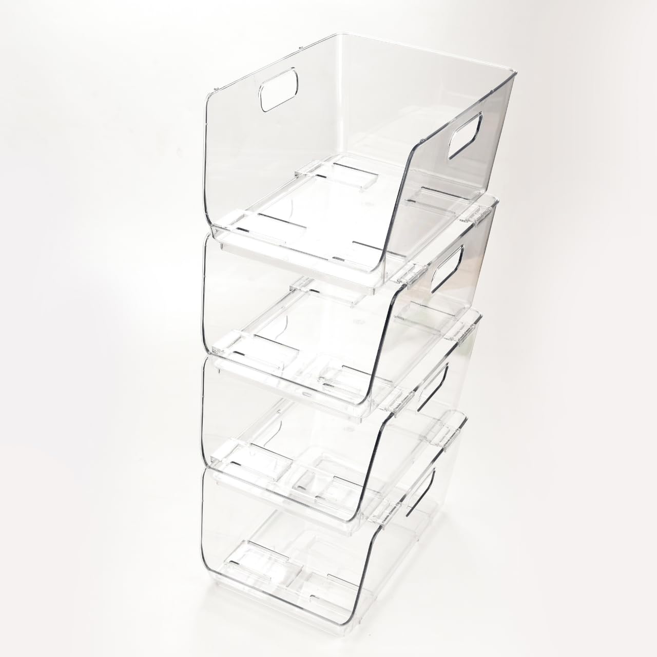 TidyFriend Plastic Stackable Bins for Pantry, 4 Pack Stacking Bins Open Front, Toy Organizers, Kitchen, and Bathroom Essentials (Clear- Hole Handle)