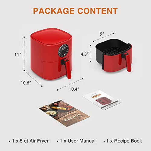 CROWNFUL 5 Quart Air Fryer, Electric Hot Oven Oilless Cooker,LCD Digital Touch Screen with 7 Cooking Presets and 53 Recipes, Nonstick Basket,1500W ETL Listed (Red)