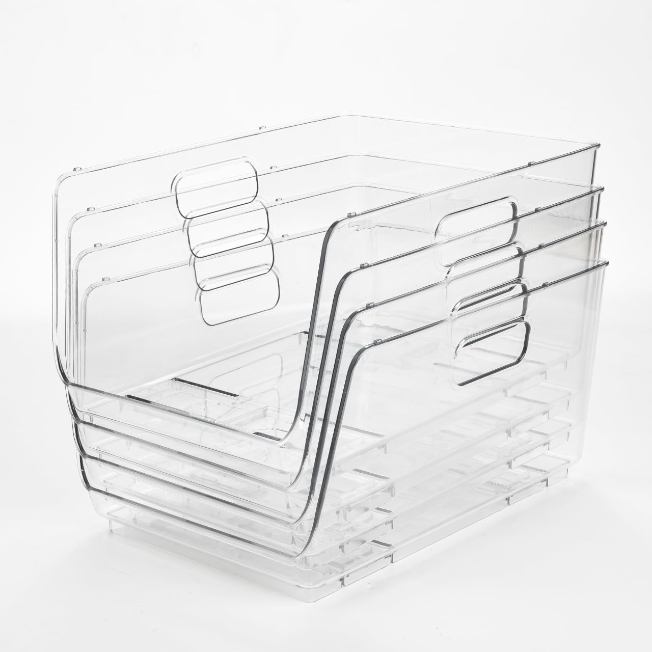 TidyFriend Plastic Stackable Bins for Pantry, 4 Pack Stacking Bins Open Front, Toy Organizers, Kitchen, and Bathroom Essentials (Clear- Hole Handle)