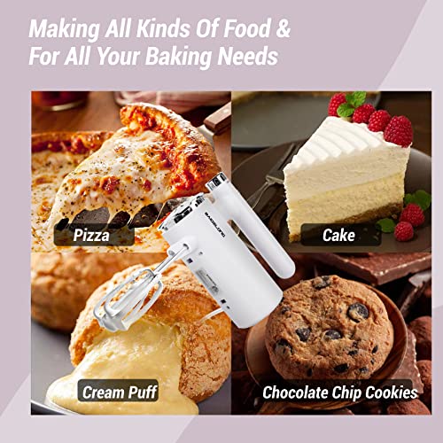 BAIGELONG Hand Mixer Electric, 500W Ultra Power Handheld Mixer with Continuously Variable Speed Control, 5 Stainless Steel Accessories Kitchen Mixer for Baking, Dishwasher Safe, White Silver