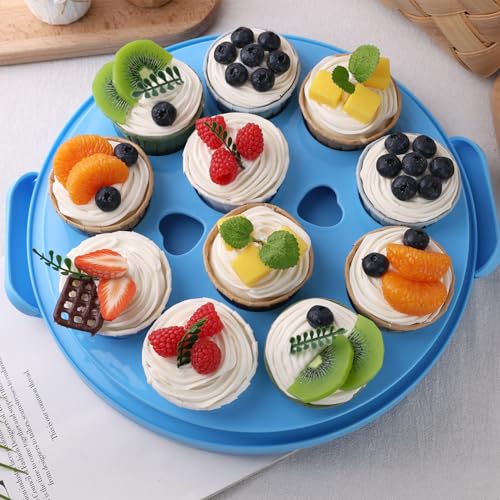 JOHOUSE Round Cake Carrier with Lid, Blue Cake Holder Cupcake Container with Dome for 11 Cupcakes 2 in 1 Portable Dessert Container for Cake Pie Muffin Cobbler