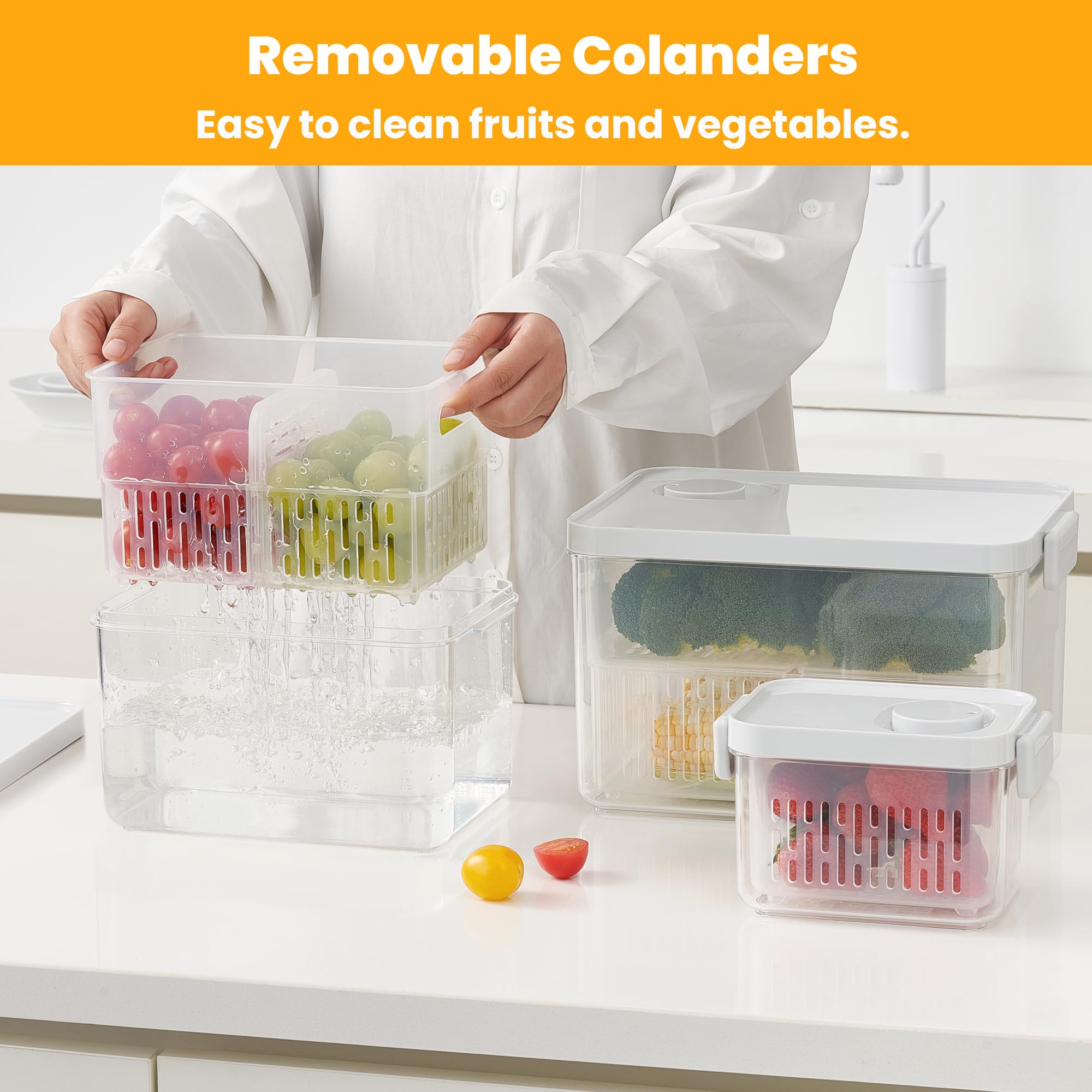 vacane Fruit Storage Containers for Fridge 3.8 Cup, Produce Containers with Colanders, Dishwasher Safe Berry Containers, BPA-Free Produce Storage Container, Keep berries Fresh