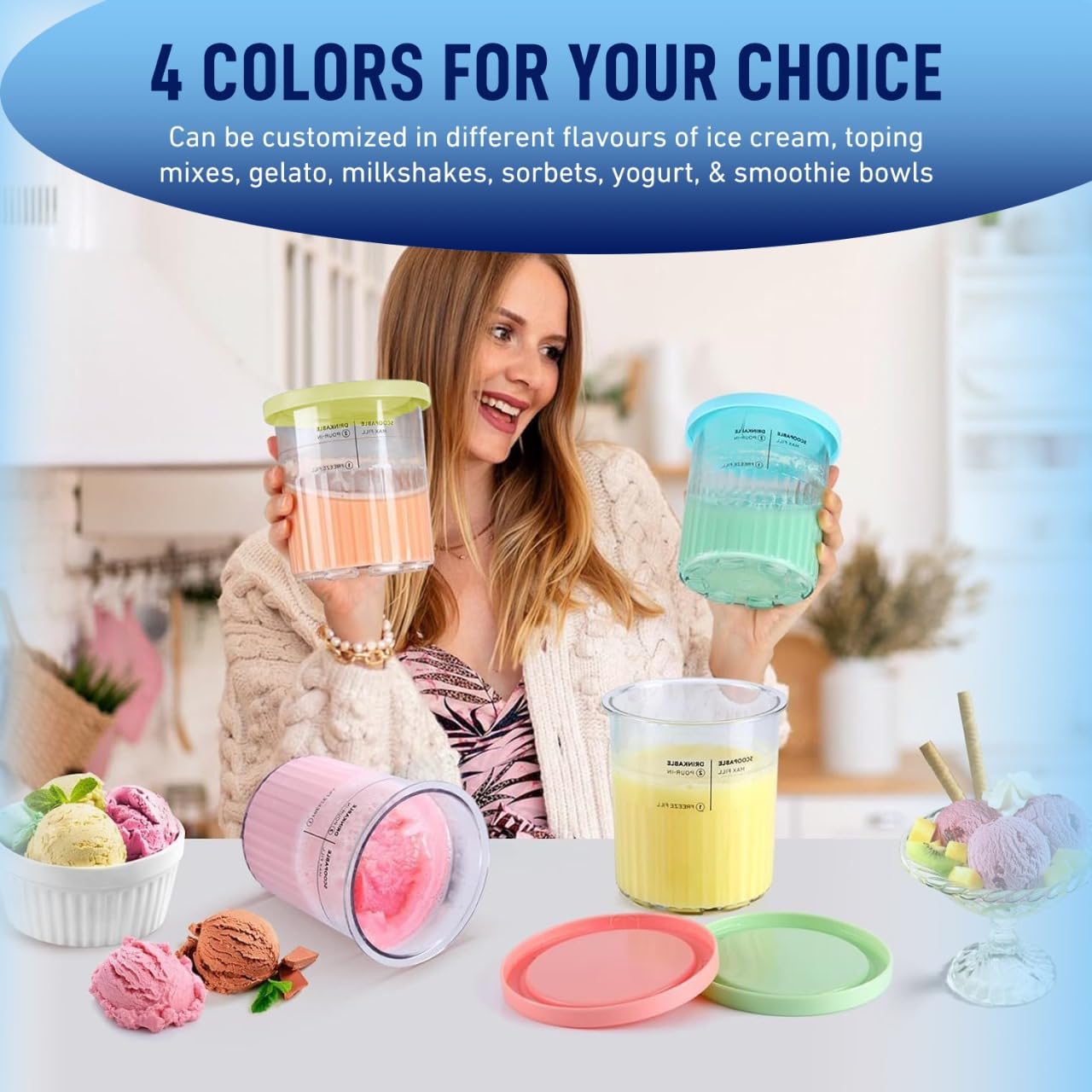 Mellonari Creami Pints for Ninja with Lids, 4 Packs, 24 oz Compatible with NC-500 & NC501, Pink-Yellow-Blue-Green, MNJ-796