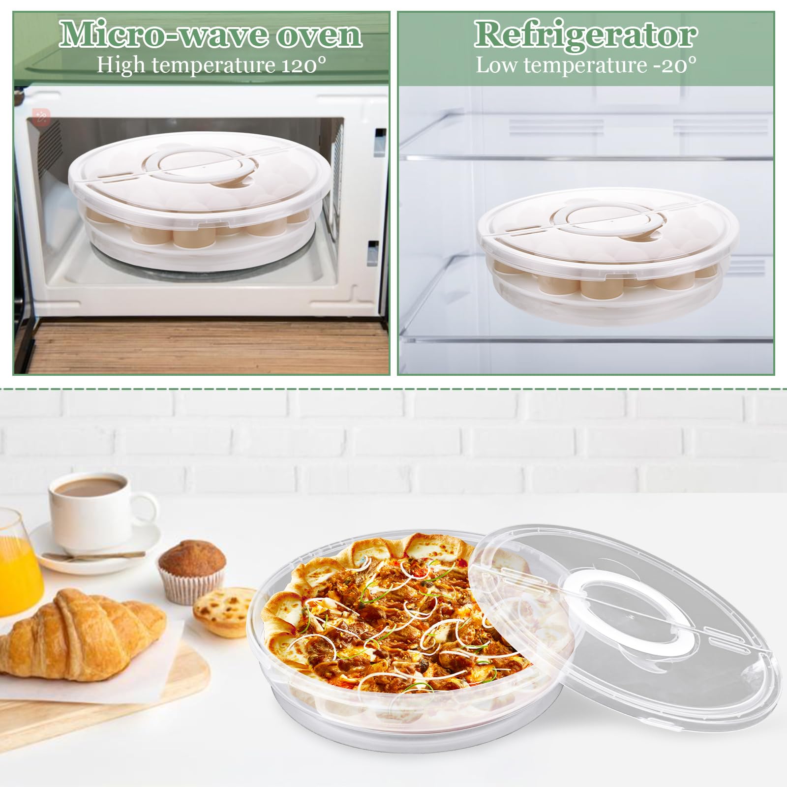 LANIAKEA 3PCS 12 Inch Food Storage Container with Lid and Handle, 2 Compartments Reusable Pizza Slice Storage Container Pie Container Leftover Pizza Keeper for Food Cake Cheesecake Tortilla Pastry
