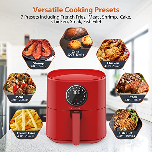 CROWNFUL 5 Quart Air Fryer, Electric Hot Oven Oilless Cooker,LCD Digital Touch Screen with 7 Cooking Presets and 53 Recipes, Nonstick Basket,1500W ETL Listed (Red)