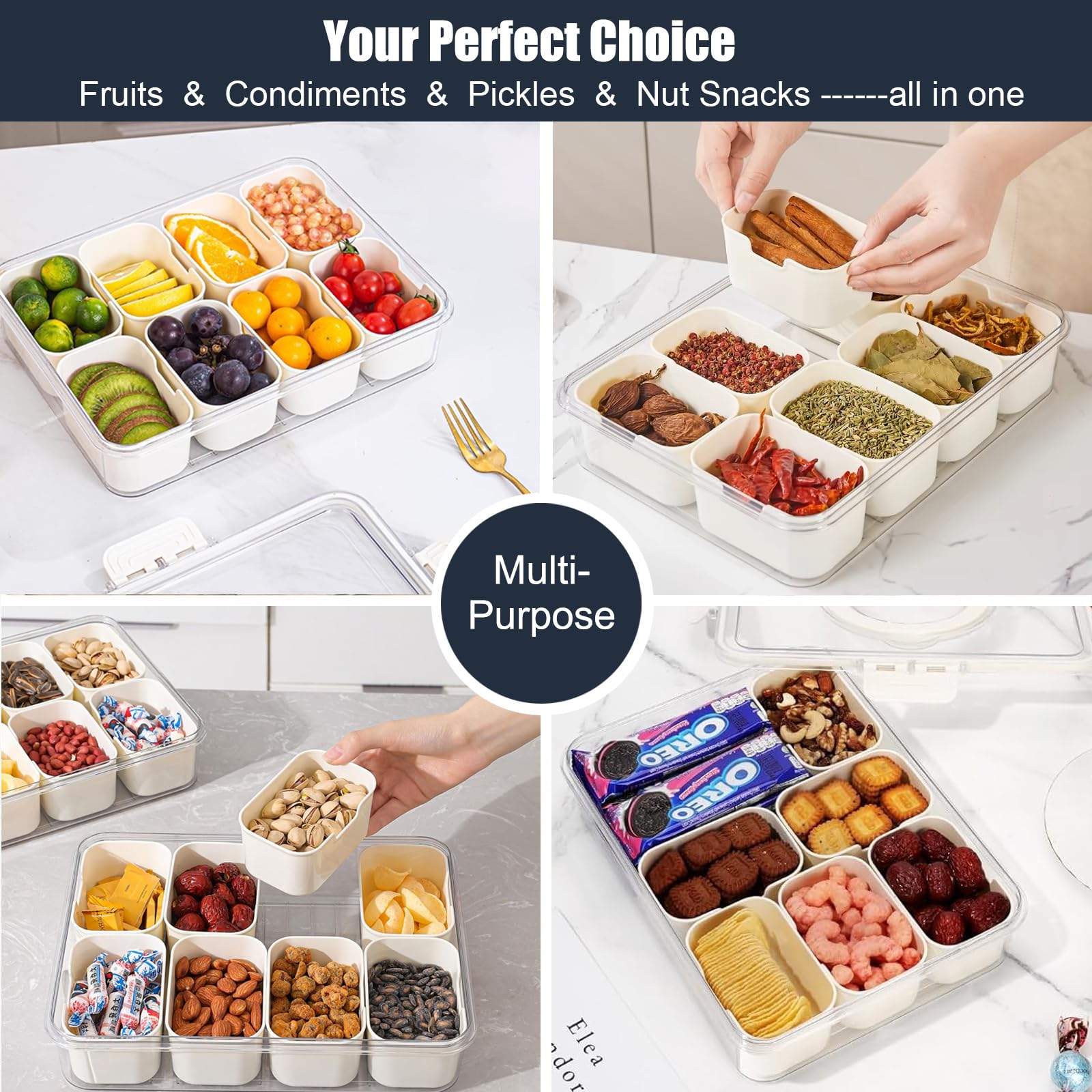 GEGEBOOM Divided Serving Tray with Lid and Handle,Portable Snackle Box Charcuterie Container,Snack tray Storage Organizer with lid,Snack Platters for Fruit, Nuts, Candy, Party, Picnic,Travel(2 Pack)