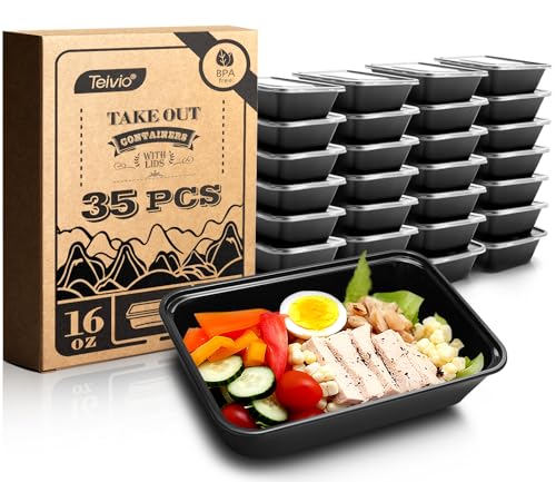 Teivio 35Pack 16oz Disposable Meal Prep Containers, Plastic Food Storage Containers with Lids, Leak proof, Microwave and Freezer Safe,for preparing lunch, snacks, salad or sandwiches (Black)