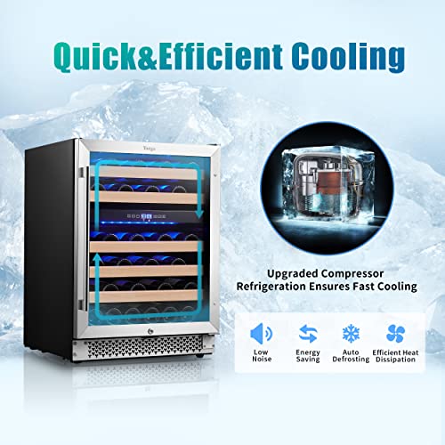 Yeego Wine Cooler, 24" Dual Zone Wine Fridge, 46 Bottle,with Upgraded Compressor and Tempered Glass Door, 40℉-65℉ Temperature Control, Low Noise, Glass Door, Safety Lock