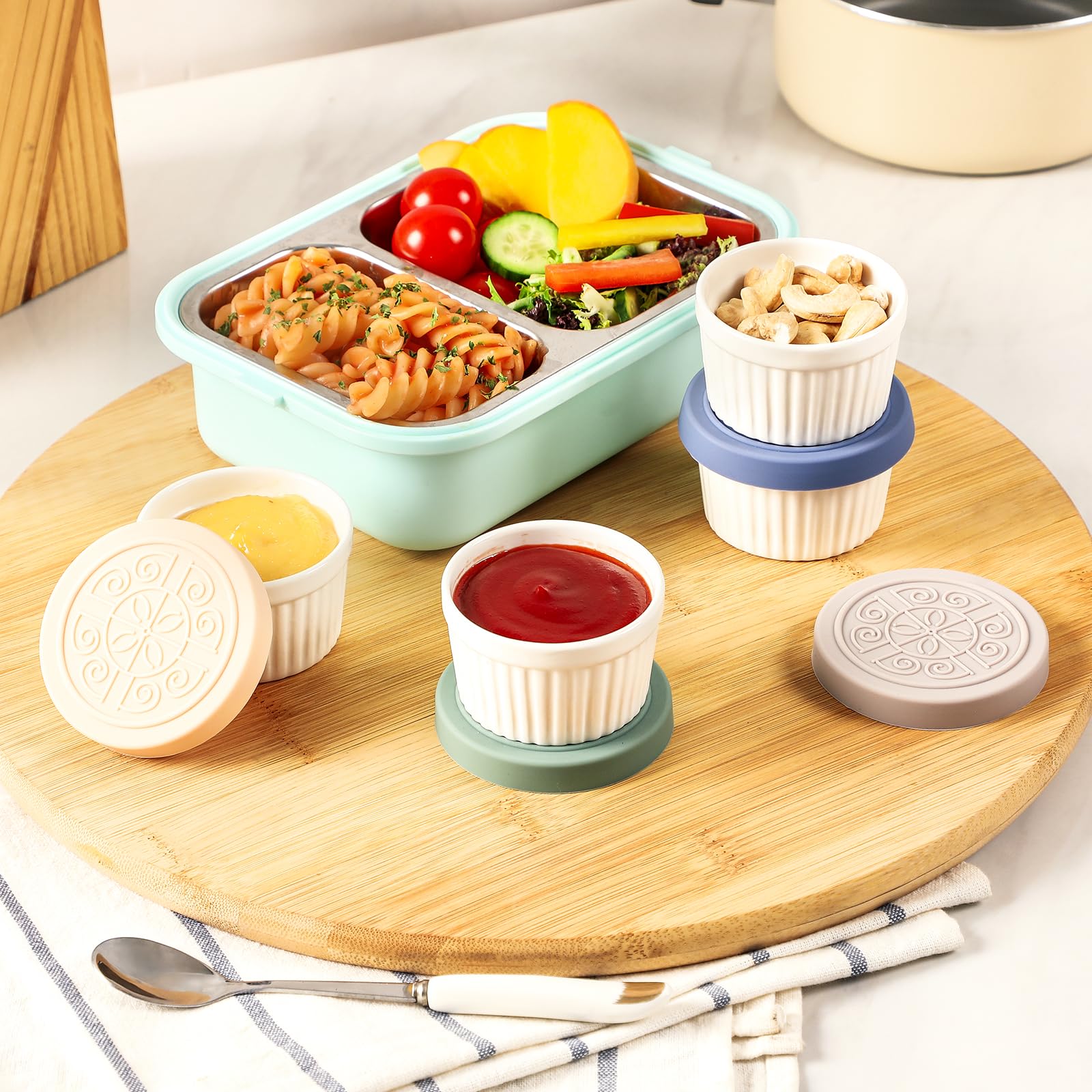 AOZITA Salad Dressing Container To Go, 2.4oz Porcelain Small Condiment Containers with Lids for Lunch Bento Box, Premium Silicone, Leakproof, Reusable Sauce Cups for Picnic and Travel, Dishwasher Safe