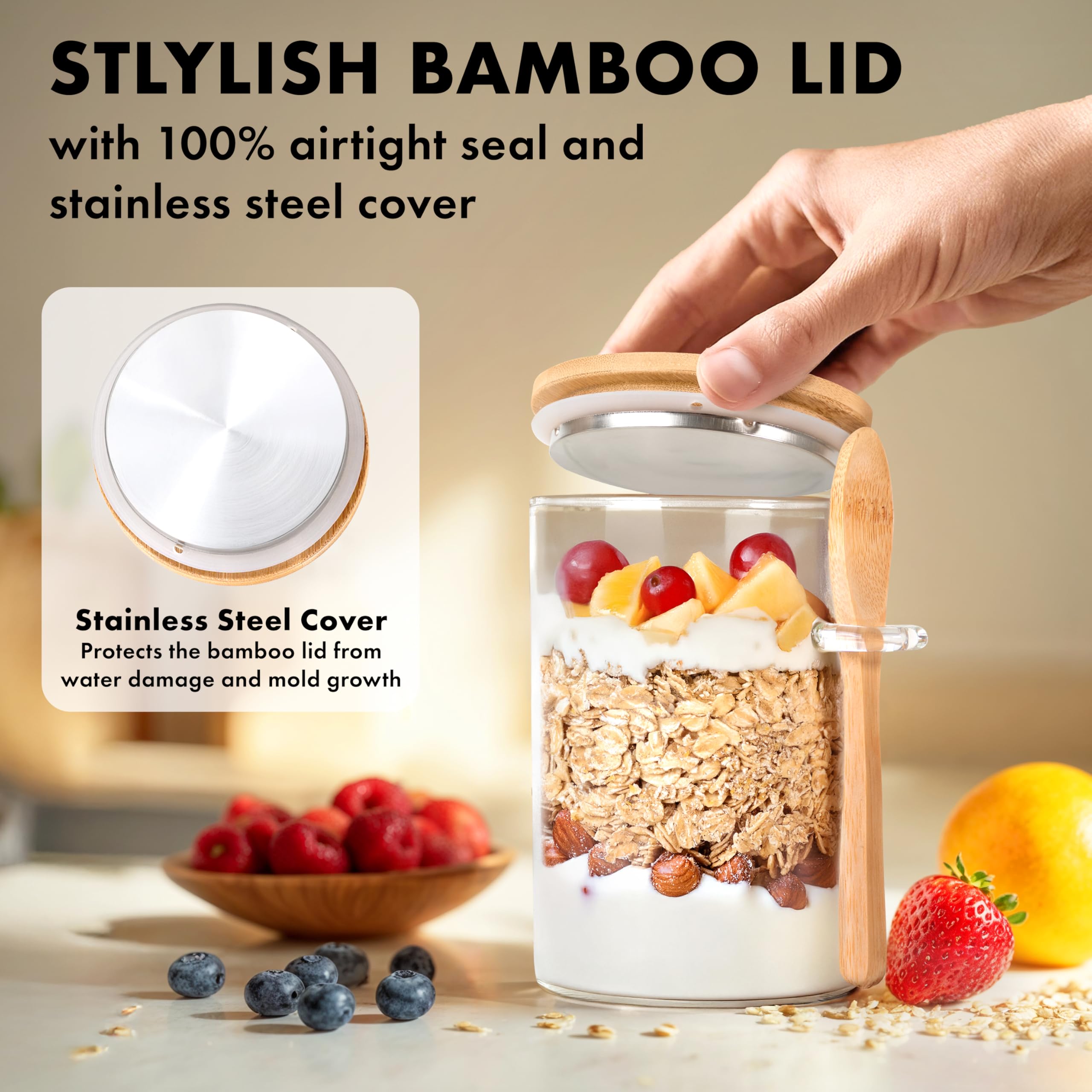 Overnight Oats Containers with Lids, Labels & Spoons (4 x 16oz) Glass Jars for Oatmeal, Meal Prep, Food Storage | Leak-Proof Mason Jars for Oats, Cereal, Yogurt, Chia Pudding [Thicker Glass 3mm]