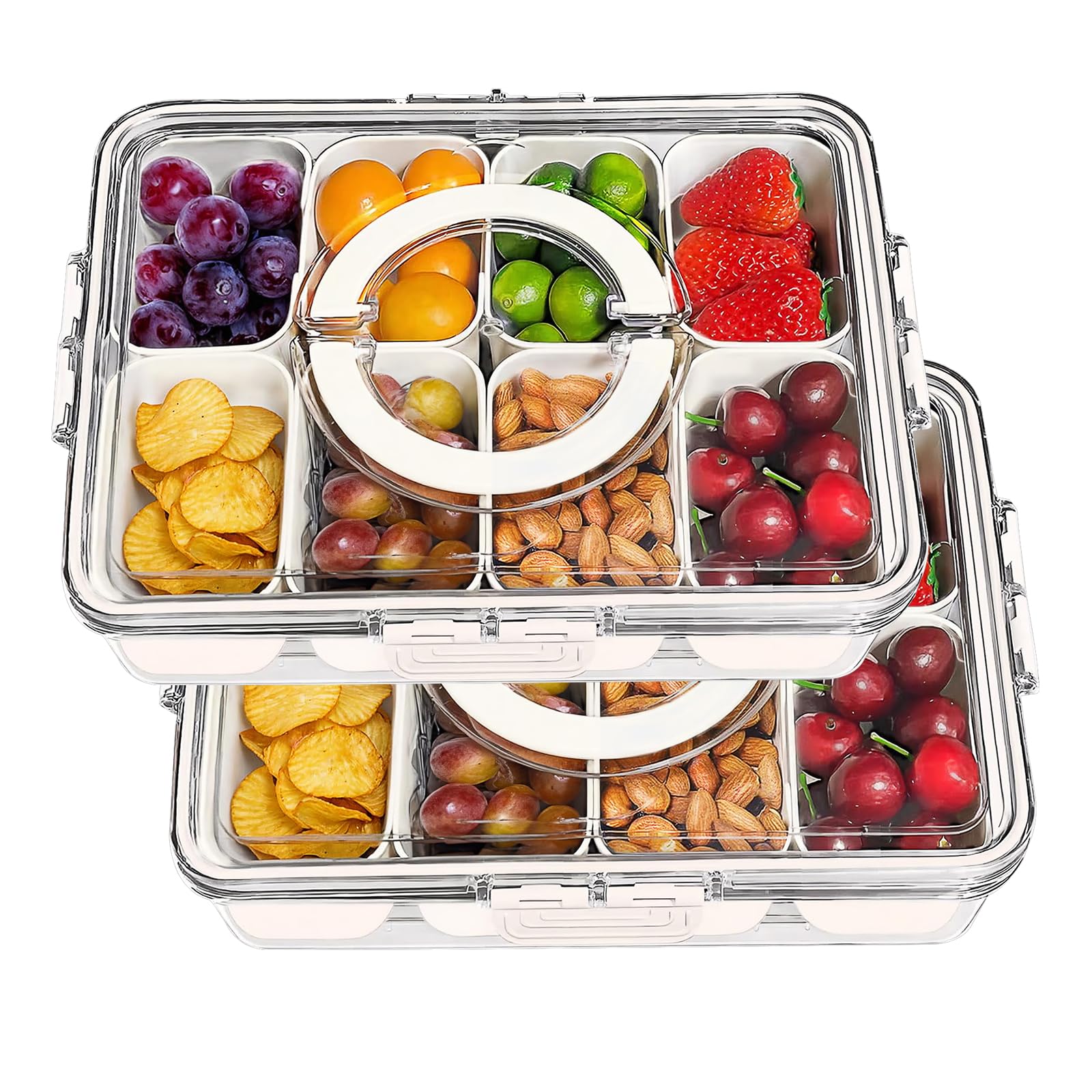 GEGEBOOM Divided Serving Tray with Lid and Handle,Portable Snackle Box Charcuterie Container,Snack tray Storage Organizer with lid,Snack Platters for Fruit, Nuts, Candy, Party, Picnic,Travel(2 Pack)