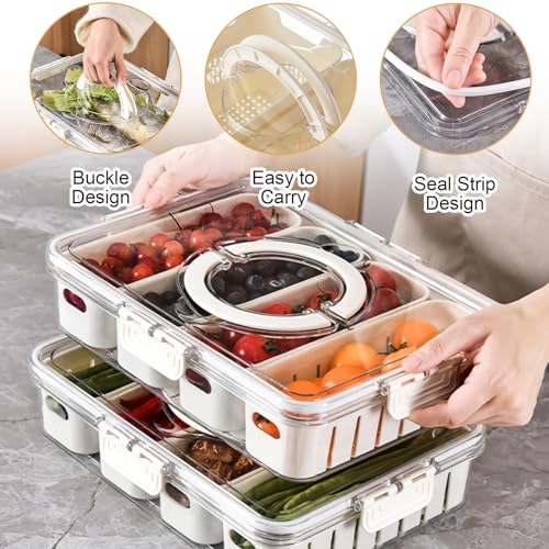 Sousnous Air-tight Divided Veggie Tray with Lid, Berry Container with Colander, Portable Fruit Keeper Box Refrigerator Organizer Bin, Fridge Produce Saver, 1 Pack