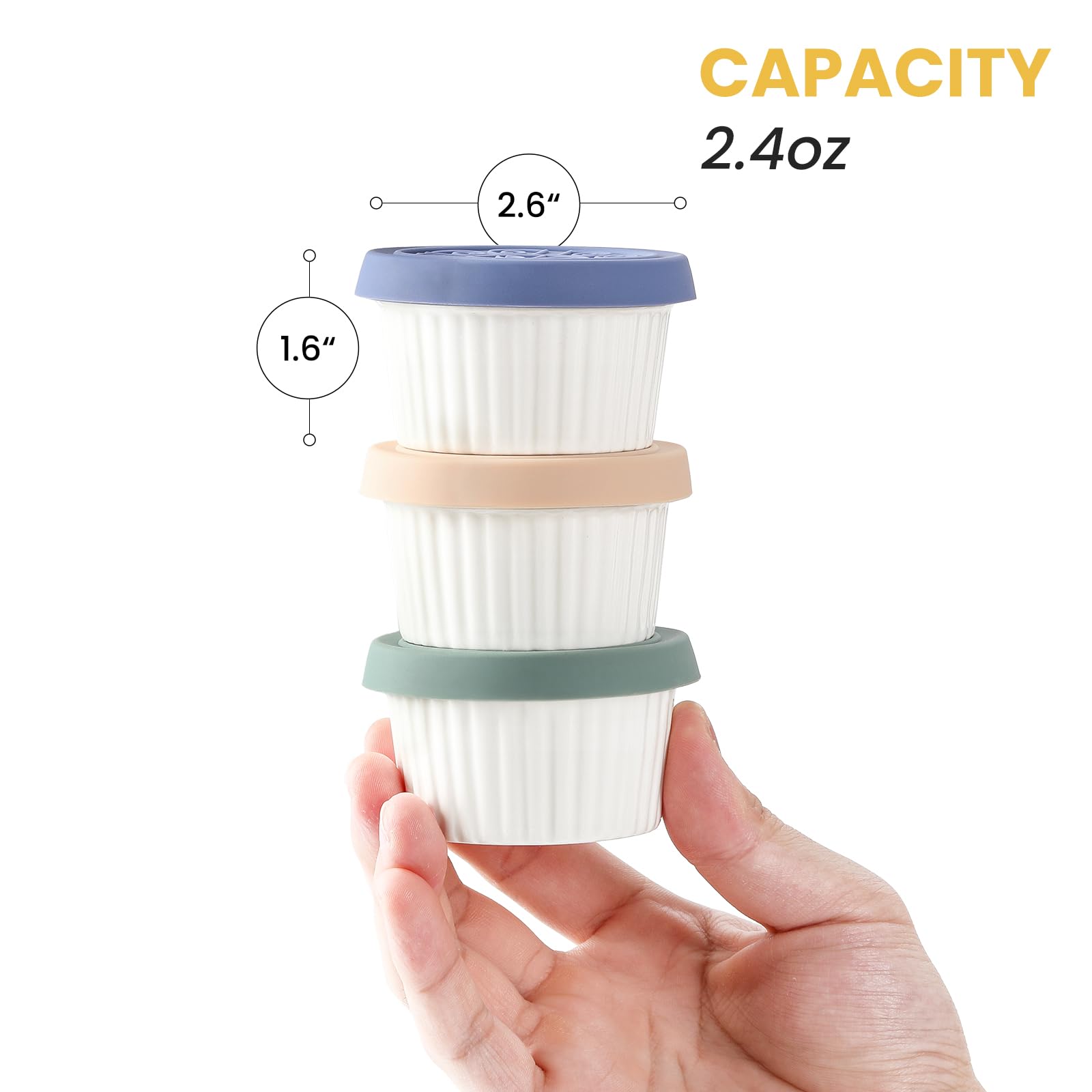AOZITA Salad Dressing Container To Go, 2.4oz Porcelain Small Condiment Containers with Lids for Lunch Bento Box, Premium Silicone, Leakproof, Reusable Sauce Cups for Picnic and Travel, Dishwasher Safe