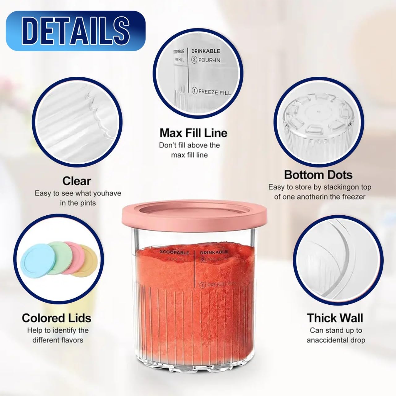 Mellonari Creami Pints for Ninja with Lids, 4 Packs, 24 oz Compatible with NC-500 & NC501, Pink-Yellow-Blue-Green, MNJ-796
