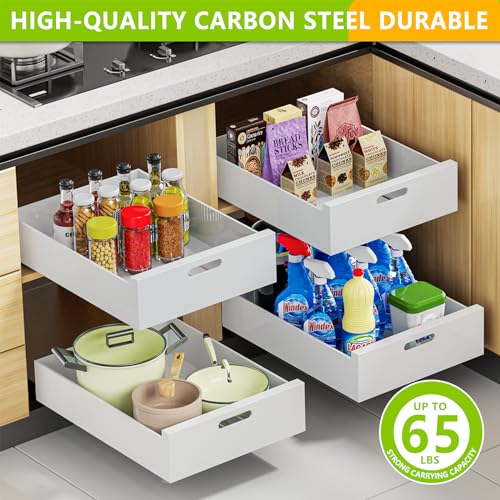 Mlinavn Pull out Cabinet Organizer, No drill Slide out Cabinet Drawers Heavy Duty Organizers and Storage with Fixed Adhesive Nano Film,Compatible Framed Cabinets Shelves for Kitchen Pantry White