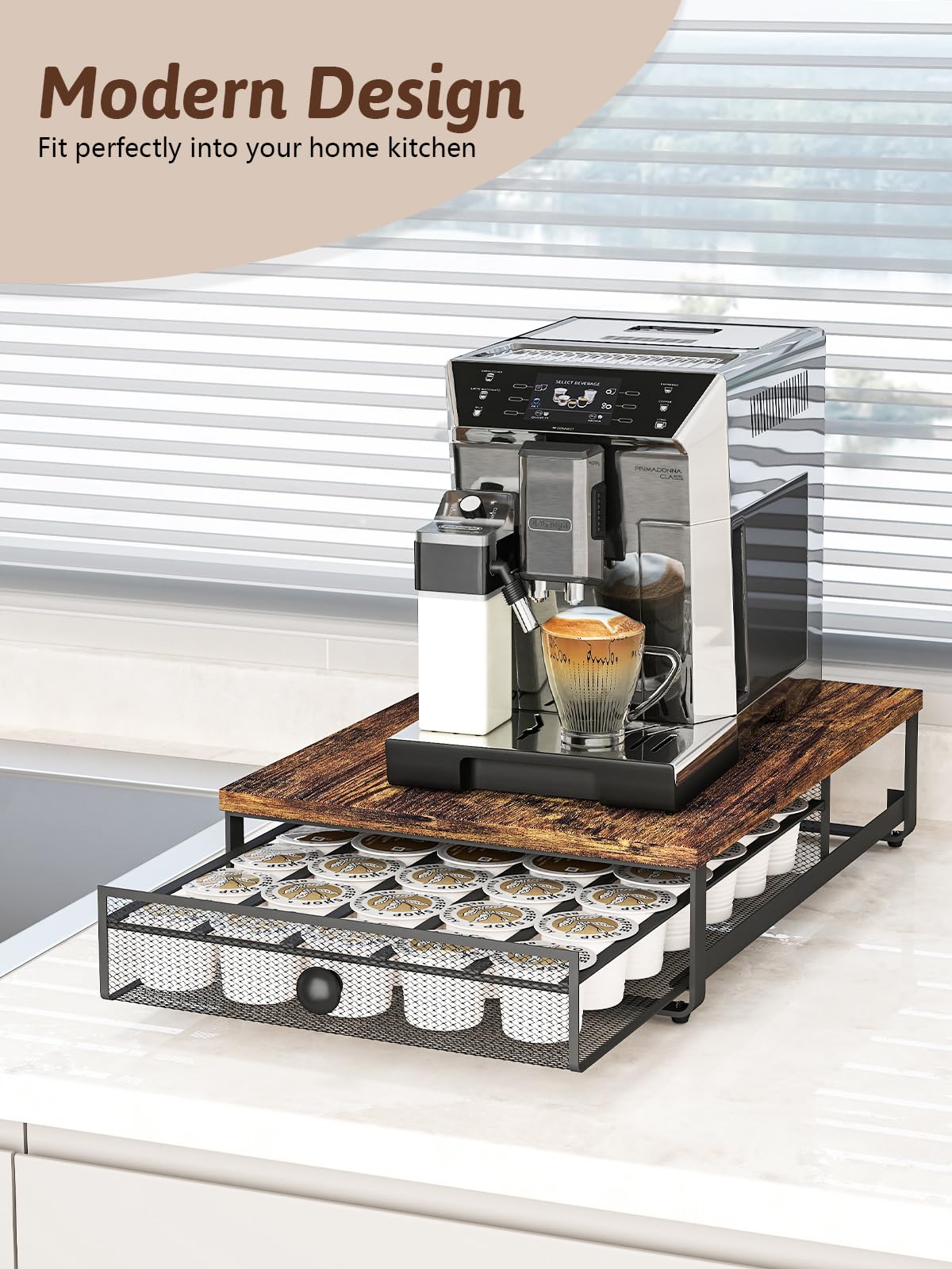 K Cup Organizer, Coffee Pod Holder Drawer, Under Brewer Storage Organizer with Sliding Drawer holds up to 35 K-Cup Pods, No Assembly Needed, Rustic Brown