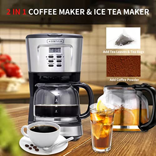 12 Cup Coffee Maker, Programmable Coffee Machine & Ice Tea Maker with Glass Carafe, Drip Coffee Maker Coffee Pot, Auto Keep Warm, Anti-Drip, Strength Control, Stainless Steel Small Coffe Maker, 900W Quick Brew, Kognita