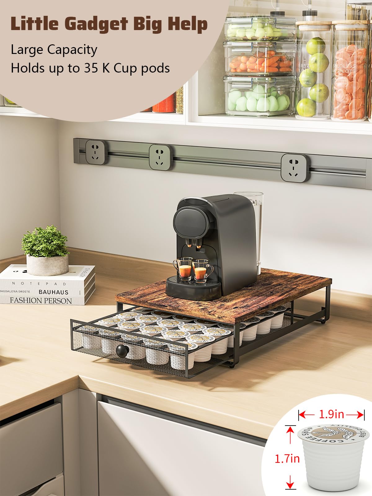K Cup Organizer, Coffee Pod Holder Drawer, Under Brewer Storage Organizer with Sliding Drawer holds up to 35 K-Cup Pods, No Assembly Needed, Rustic Brown