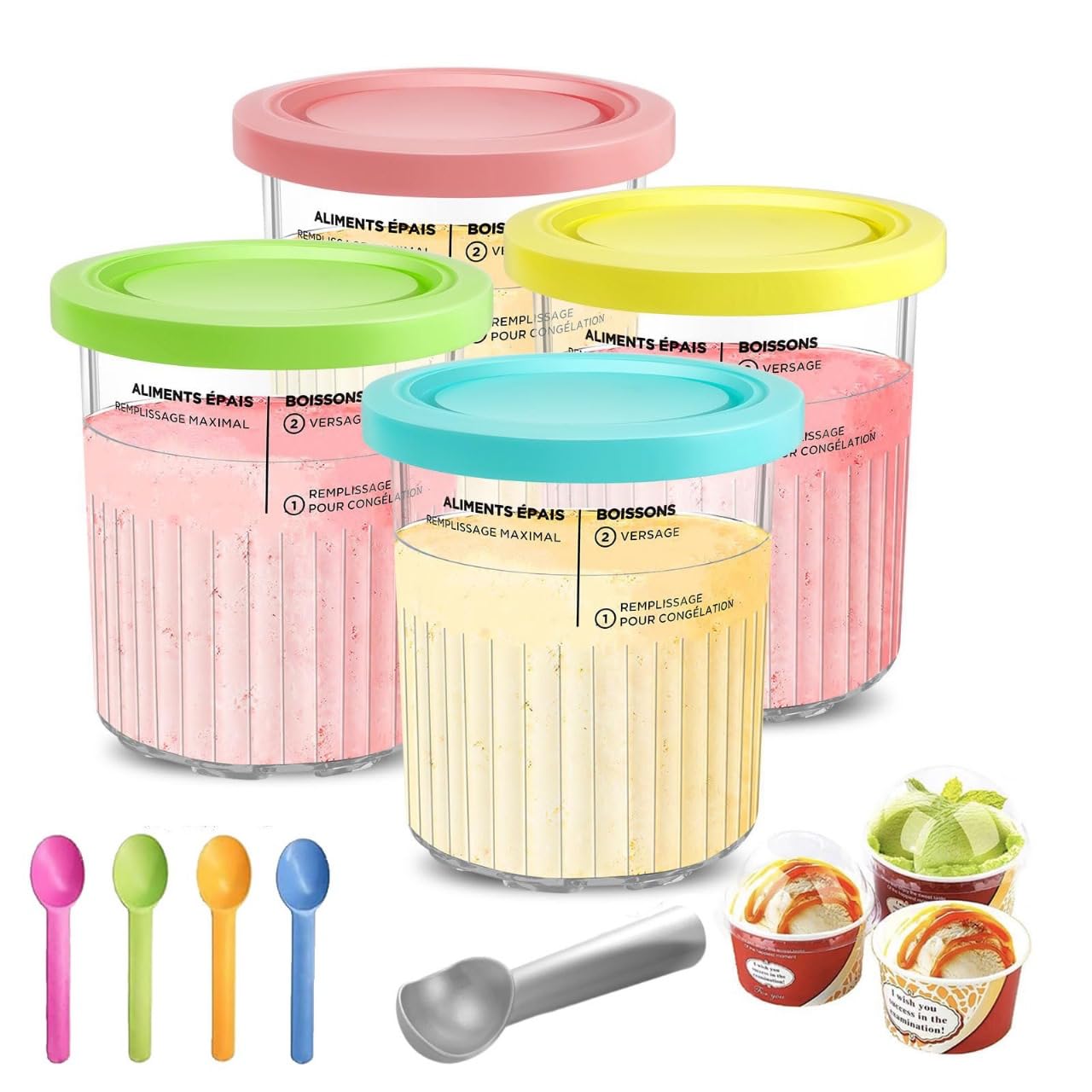 Mellonari Creami Pints for Ninja with Lids, 4 Packs, 24 oz Compatible with NC-500 & NC501, Pink-Yellow-Blue-Green, MNJ-796