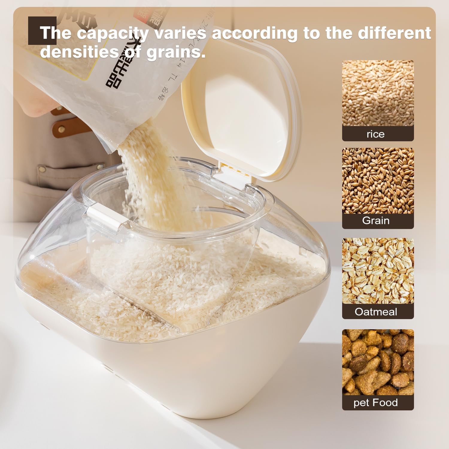 LivLab Mker Rice Container With Lid 10 Lbs Cereal Containers Storage with Lids Airtight, Pet Food Container, BPA Free, For Pet Food Kitchen Pantry Organization, Cream Color