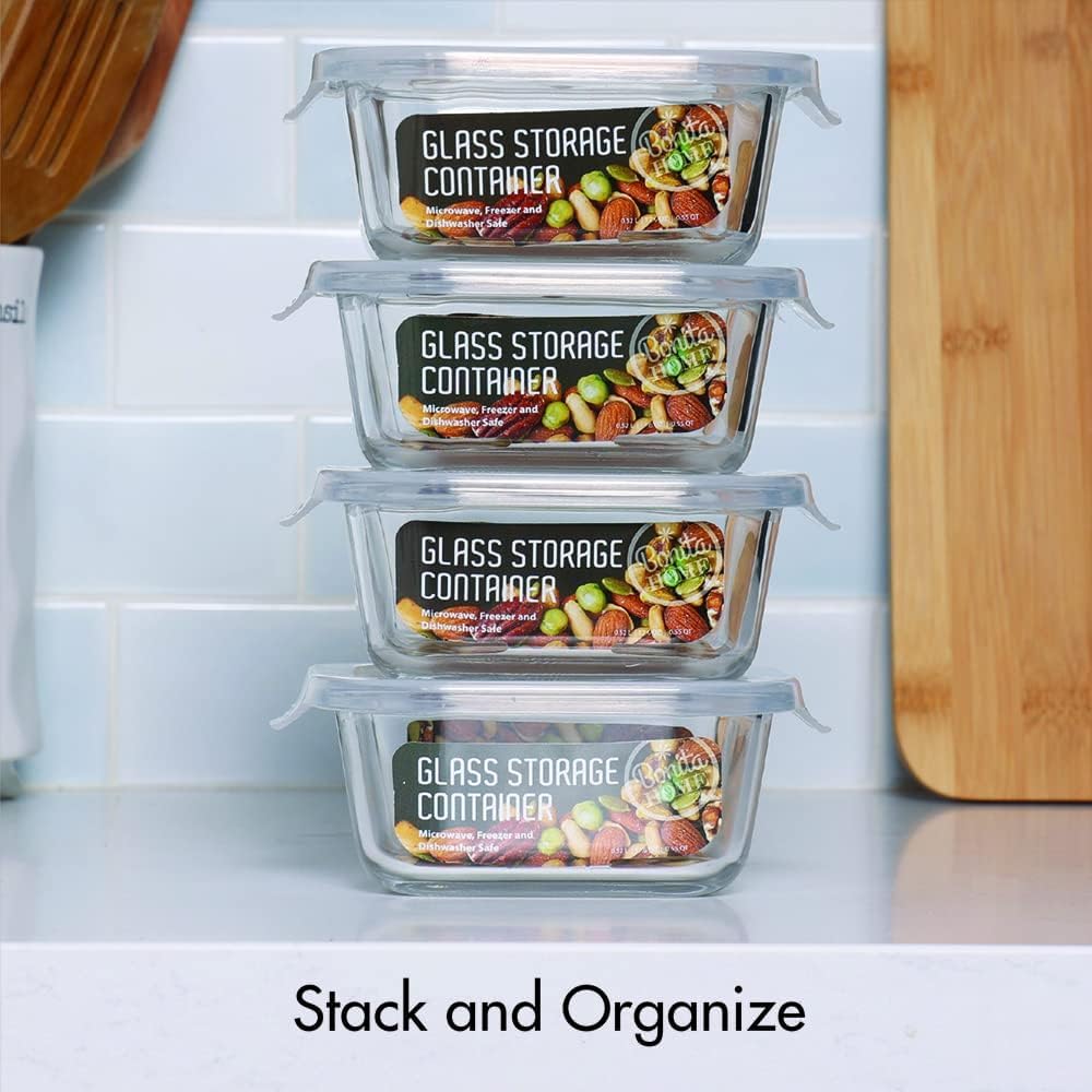 Bonita Home Square Glass Storage Container, Stackable BPA Free Airtight Seal Food Containers with Lids, Meal Prep Kitchen Organization and Storage, 5"x5" x 2.5", 17.6oz, 0.52L, 4 Pack, Red (New Lid)