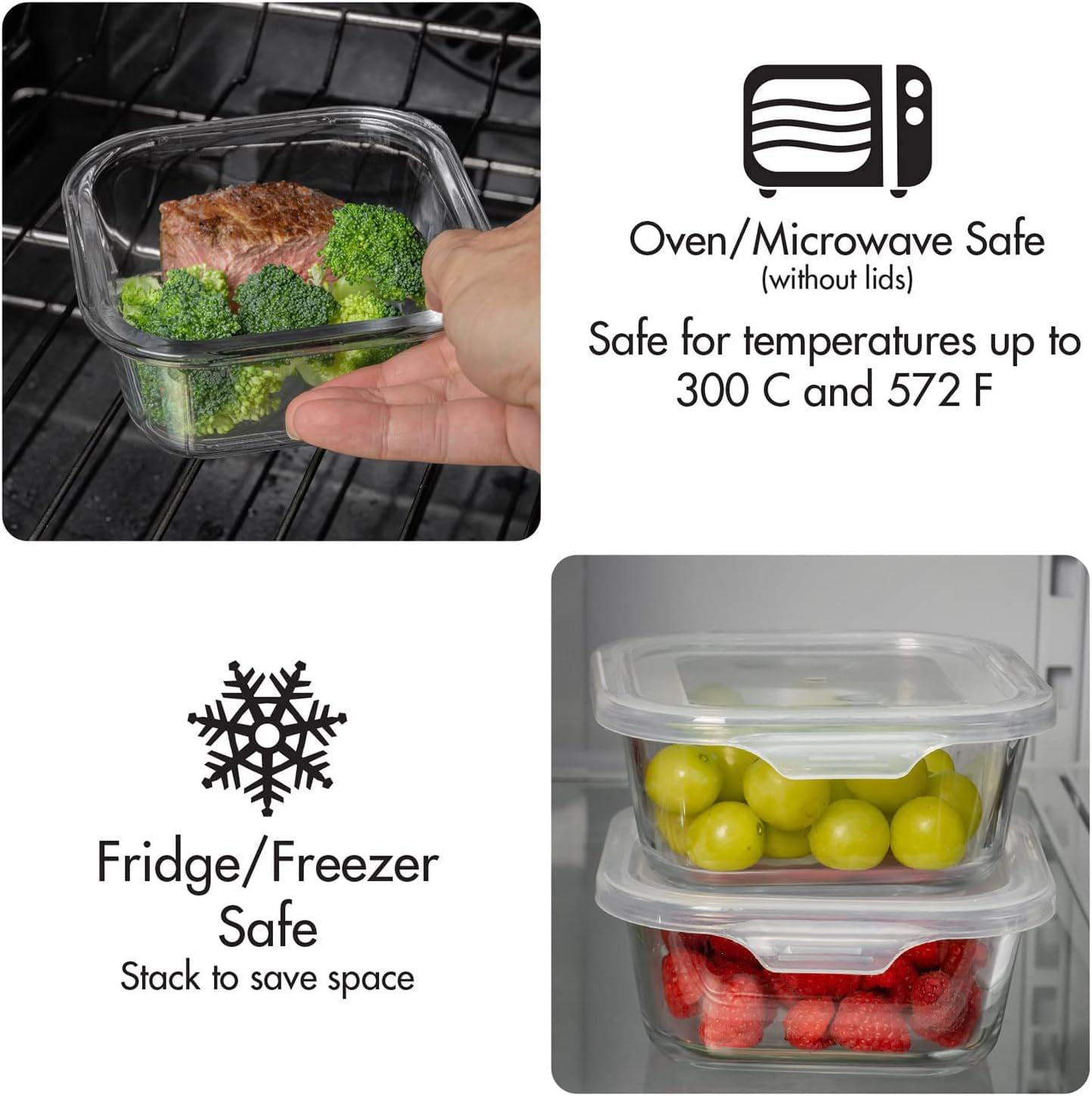 Bonita Home Square Glass Storage Container, Stackable BPA Free Airtight Seal Food Containers with Lids, Meal Prep Kitchen Organization and Storage, 5"x5" x 2.5", 17.6oz, 0.52L, 4 Pack, Red (New Lid)