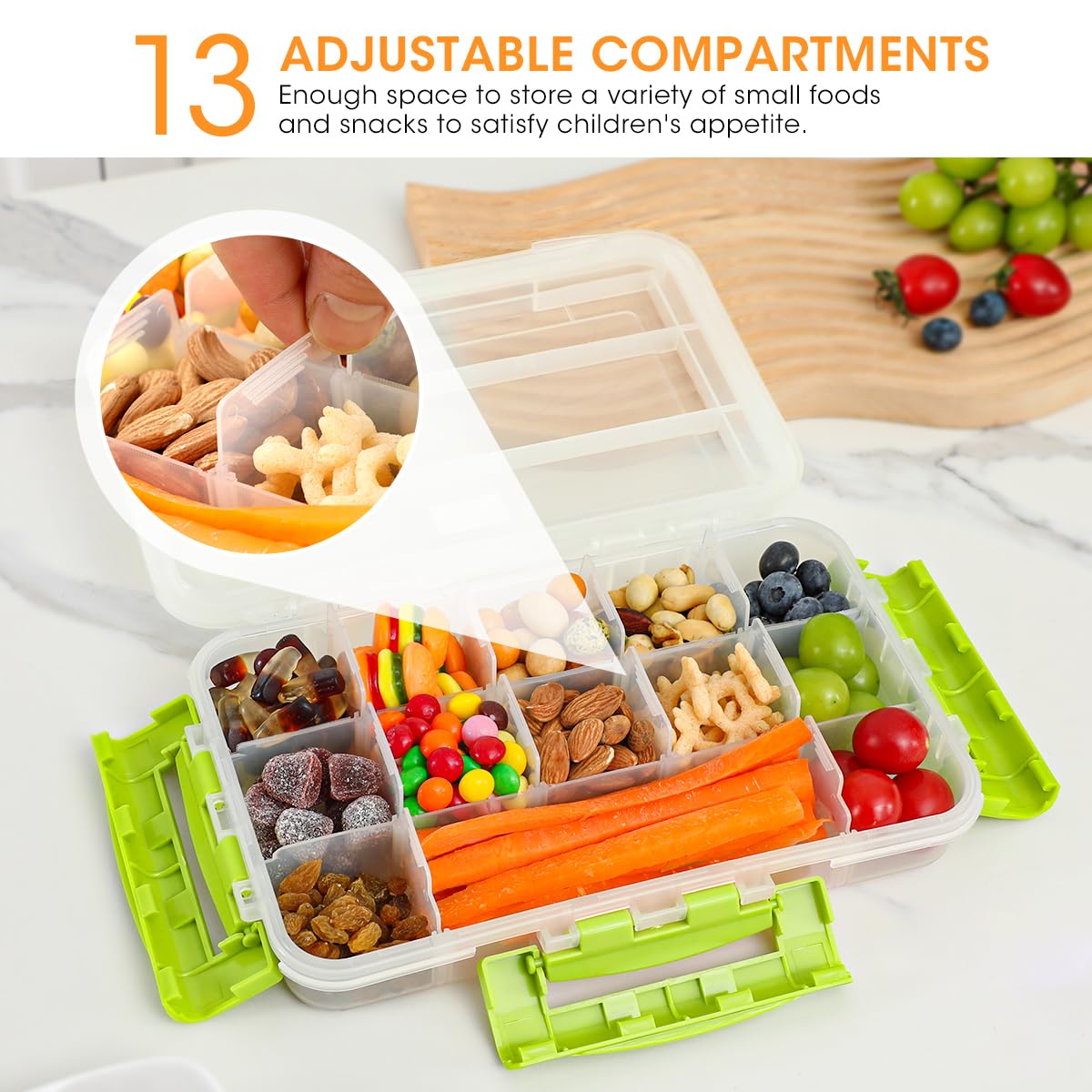 AIEVE Snack Box for Kids, Adjustable 13 Compartment Tackle Box for Snacks Charcuterie Container, Kids and Adult Reusable Snackle Box for Travel, School, Trip, Picnic, Boat