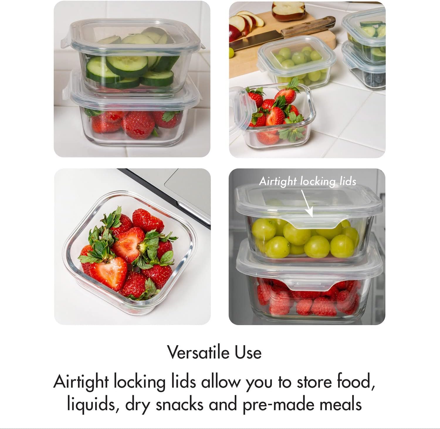 Bonita Home Square Glass Storage Container, Stackable BPA Free Airtight Seal Food Containers with Lids, Meal Prep Kitchen Organization and Storage, 5"x5" x 2.5", 17.6oz, 0.52L, 4 Pack, Red (New Lid)