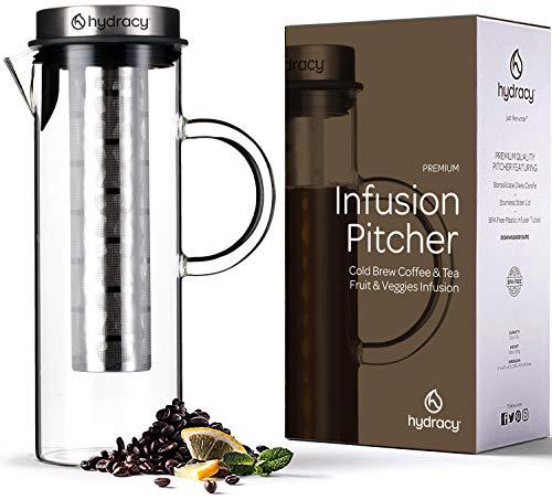 Cold Brew Coffee Maker - Large Glass Infusion Pitcher 1.6 Quarts 52oz - Iced Coffee & Iced Tea Pitcher with Stainless Steel Lid and Mesh Filter & Fruit Infusion Tube - Perfect for Home or Office