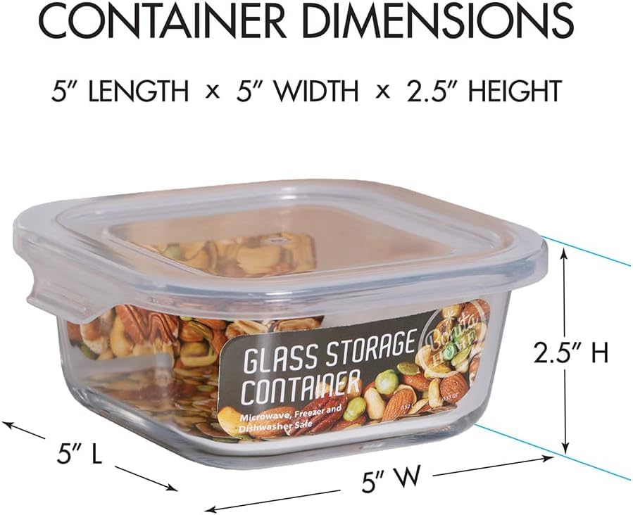 Bonita Home Square Glass Storage Container, Stackable BPA Free Airtight Seal Food Containers with Lids, Meal Prep Kitchen Organization and Storage, 5"x5" x 2.5", 17.6oz, 0.52L, 4 Pack, Red (New Lid)