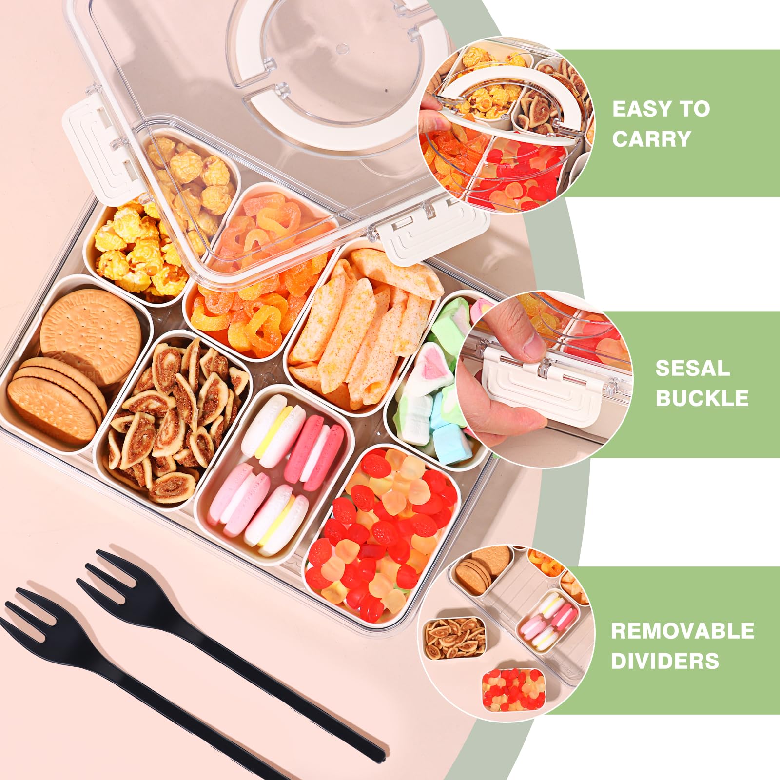 Dualshine Snackle Box and Divided Serving Tray with Lid,Snack Box Container 8 Compartment Tackle Box for Snacks and Travel Snack Container,Snack Containers with Dividers for Fruit and Party(2pack)