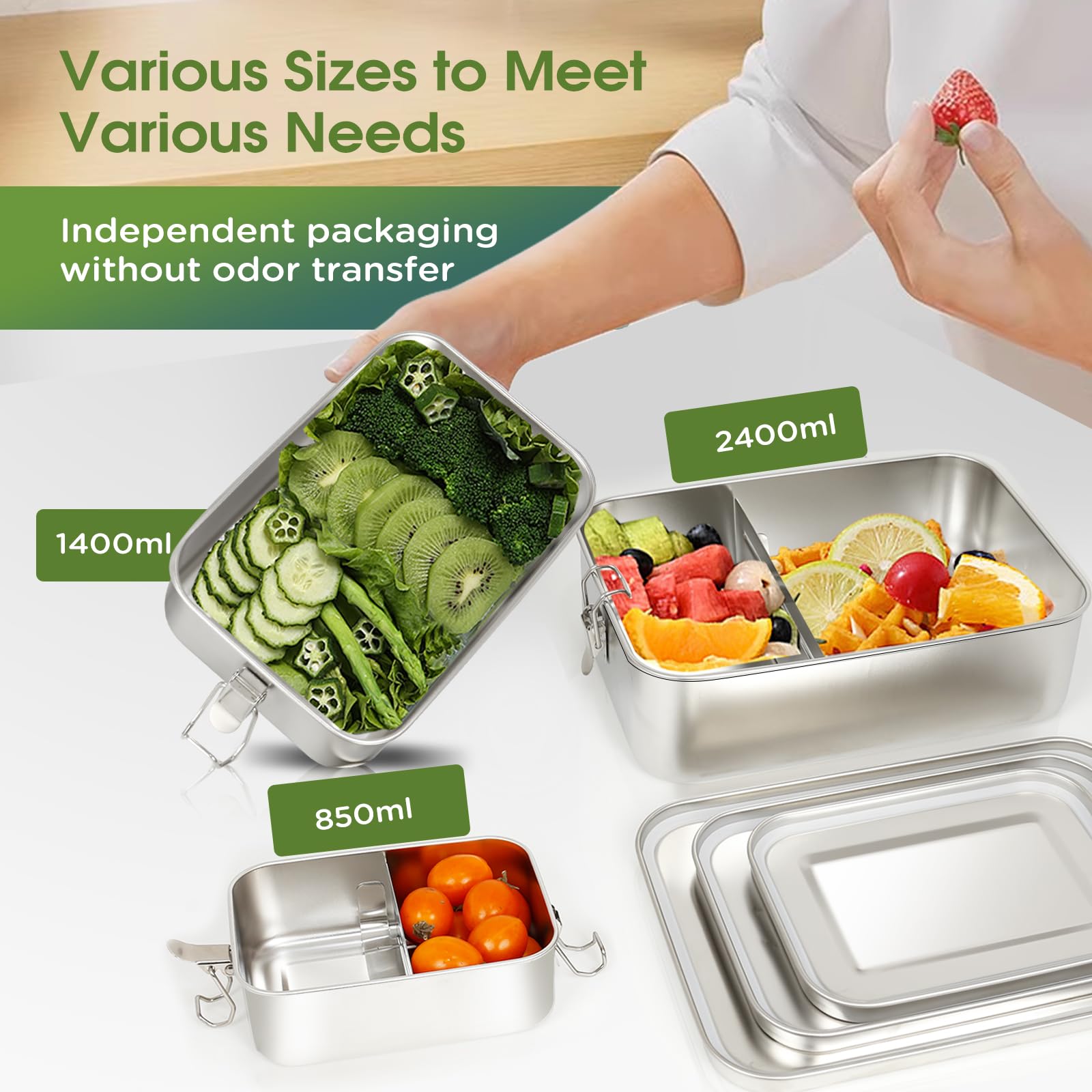 SUTETLW 304 Stainless Steel Bento Box 3 Pack Stainless Steel Containers With Lids 2400/1400/850ml,Leak-Proof & Stackable Storage Stainless Steel Food Storage Containers for Soup Salad Leftover