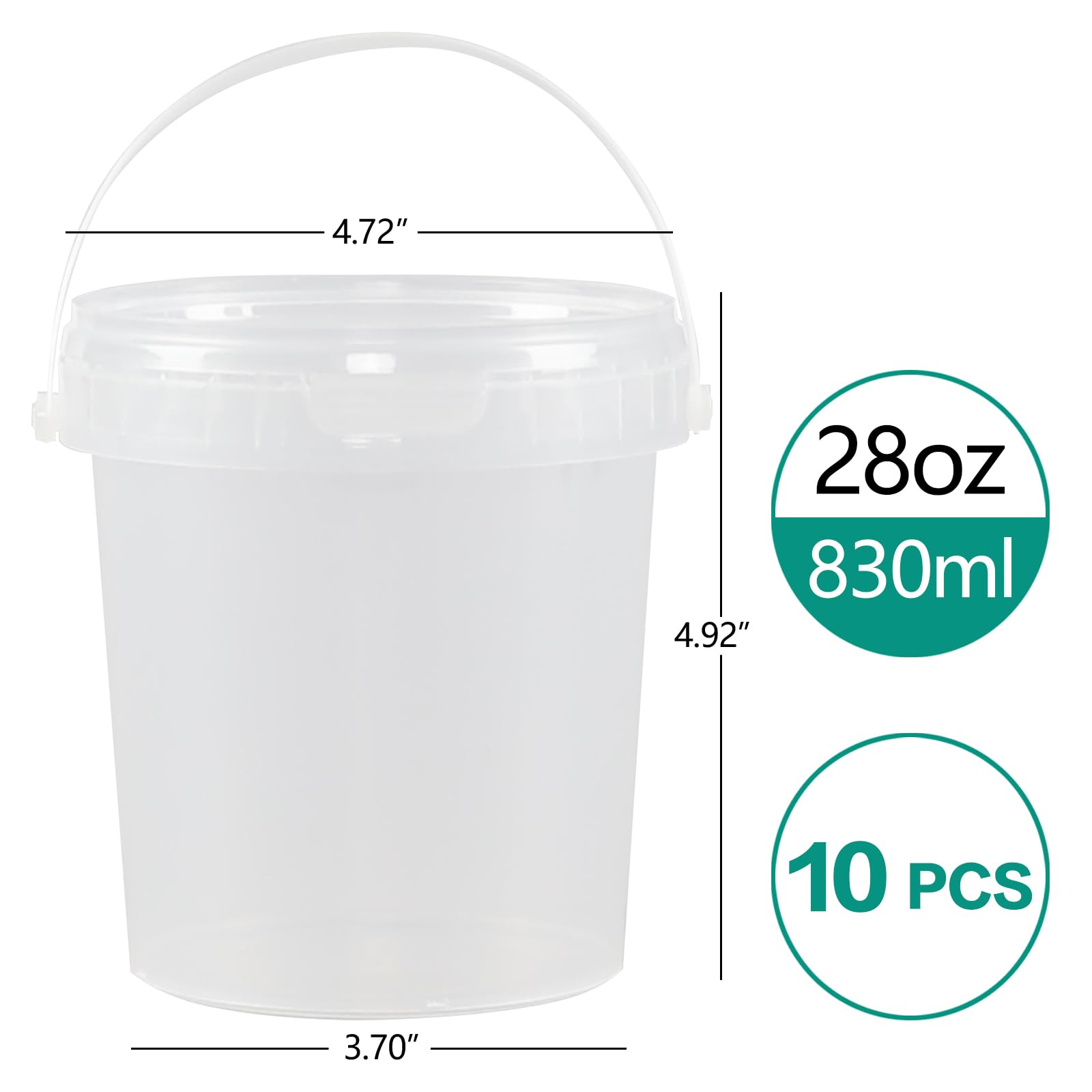 Xyskin 10 Pack Round Plastic Bucket Food Storage Containers, 28 oz Ice Cream Buckets with Lid and Handle, Clear