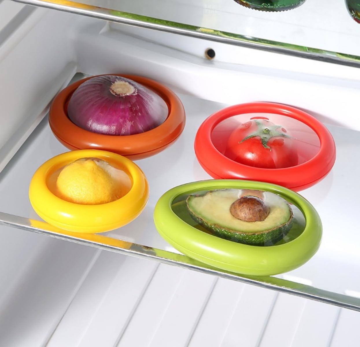 EDUFUNBO Set of 4 Reusable Storage Containers for Fridge, Avocado Saver and Tomato Holder, Ideal for Garlic, Onions, Lemons, Potatoes