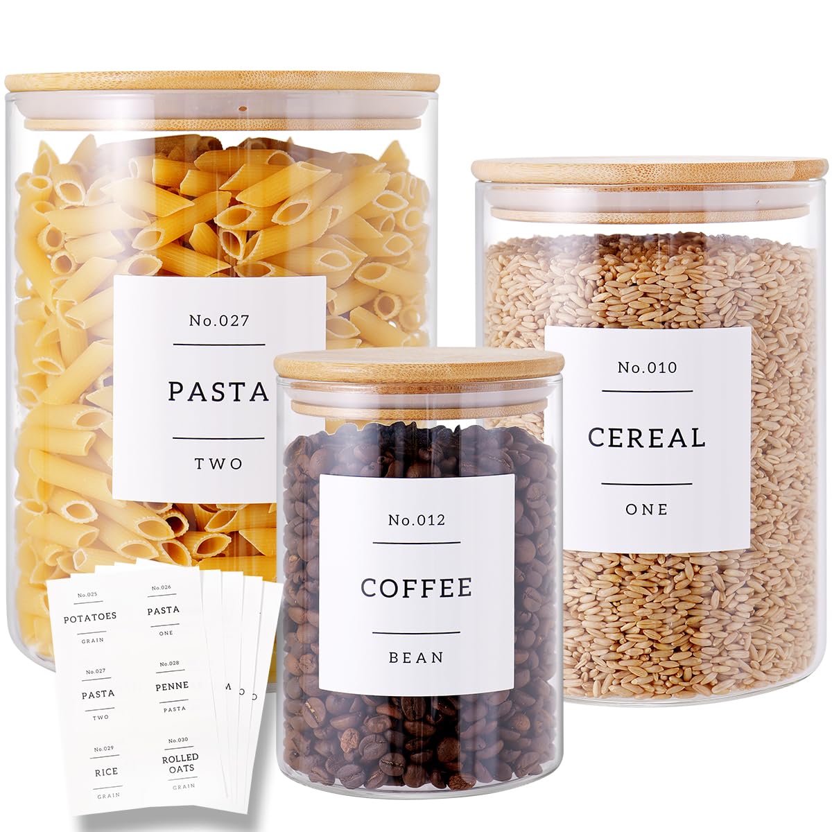 3 Pcs Glass Canisters with Airtight Bamboo Lids and 42 Kitchen Pantry Labels Preprinted - Clear Glass Flour and Sugar Storage Container Set - Large Glass Jars with Wood Lids(100 OZ/54 OZ/27 OZ)