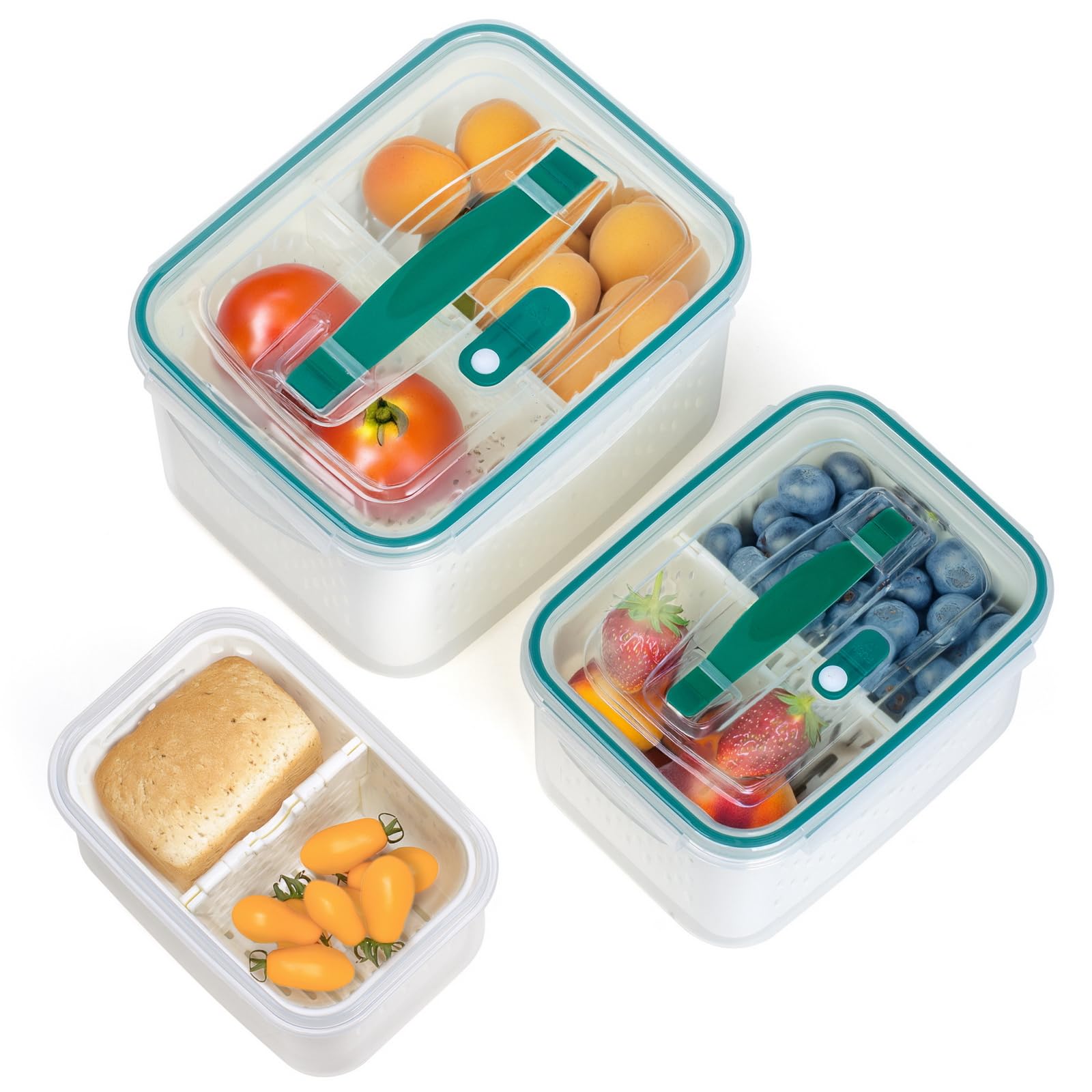 Upgraded Fresh Produce Vegetable Fruit Storage Containers,Fruit Containers for Fridge with Lid Vent Handle and Colander,Keep Berry Fruit Vegetable Food Meat Fresh Longer (3)