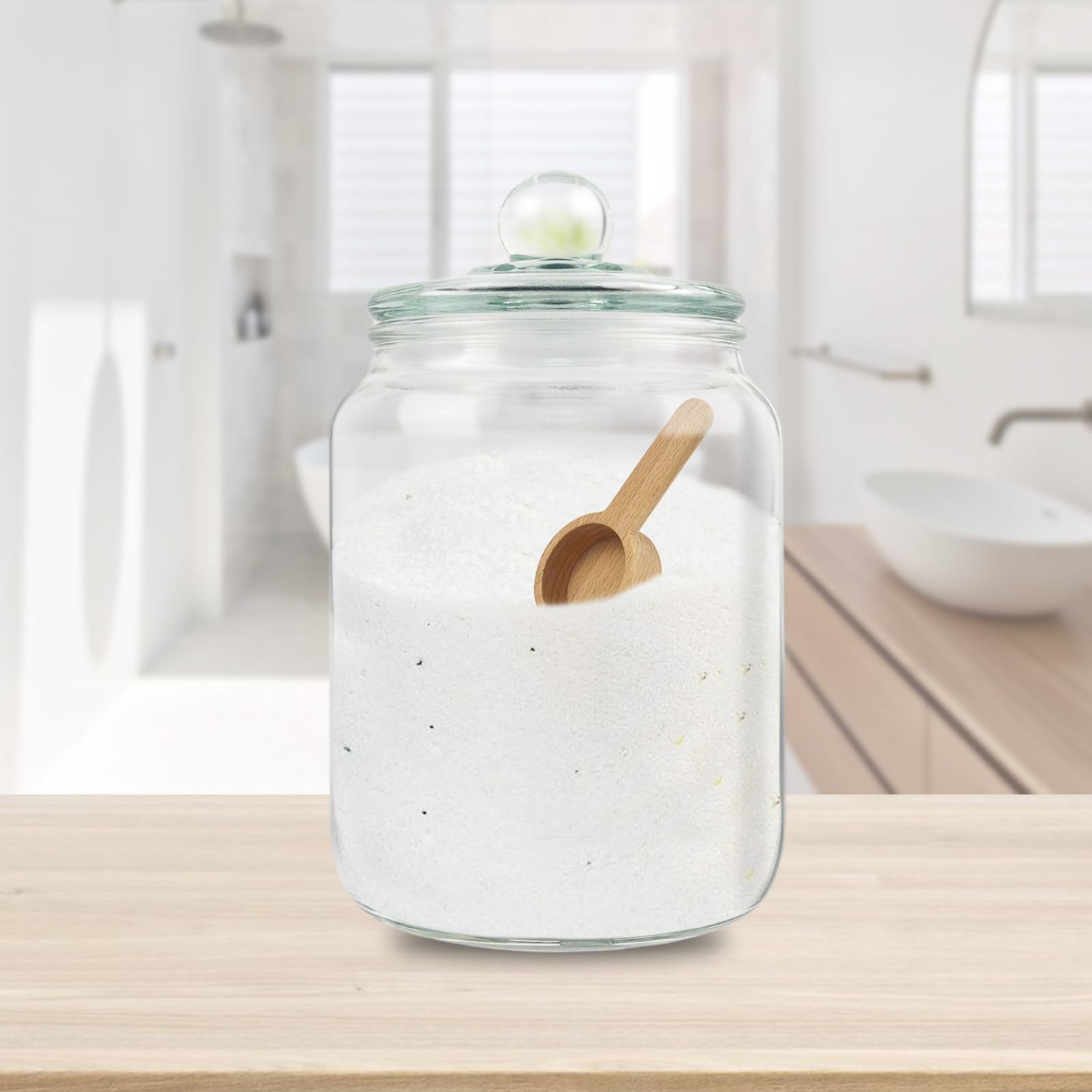 2 Sets 70 oz Bath Salts Glass Jar - Bath Salt Container with 2 Wooden Scoop and 2 Airtight Lid, Large Storage Canister Glass Bath Salt Jar for Bath Salt Flour Salt Candy Tea Bathroom Bath Decor