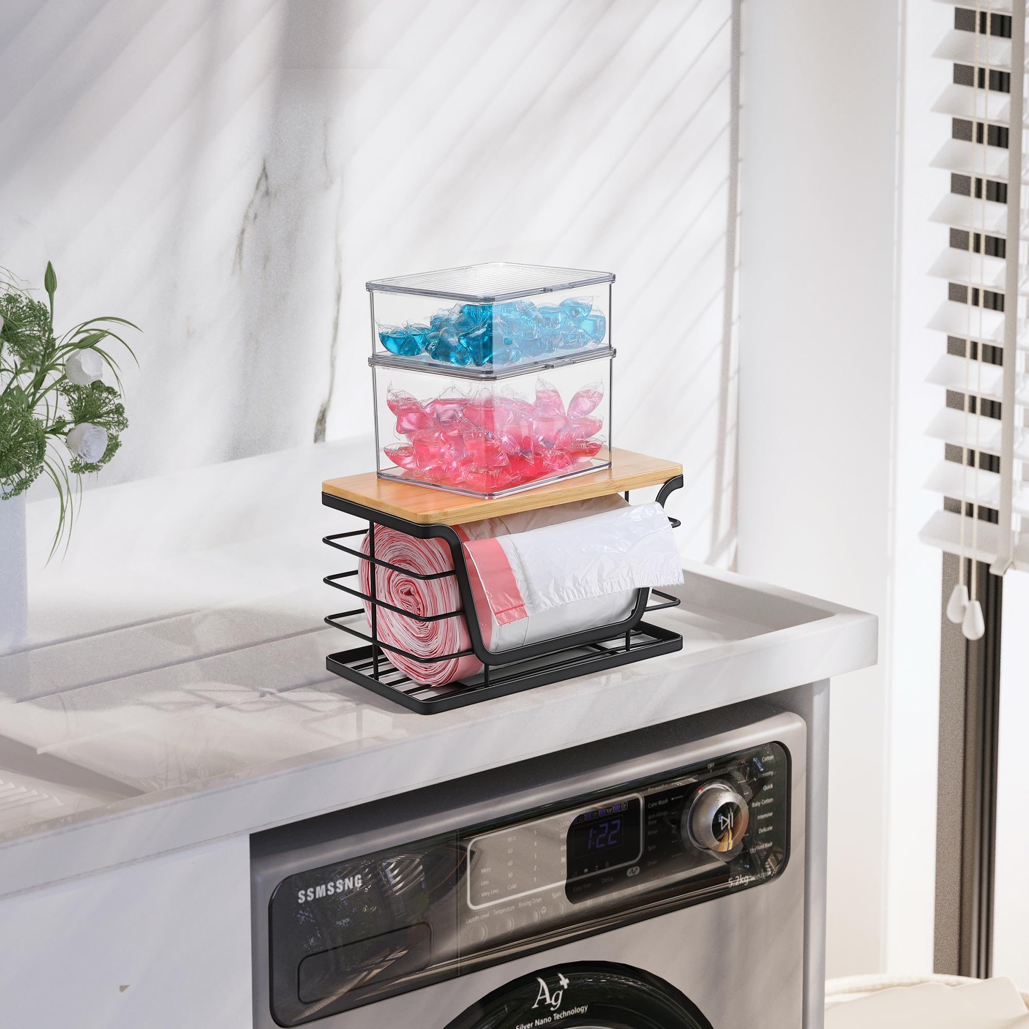 ALOCEO Small Trash Bag Holder with Bamboo Top, Wall Mount Stackable Standard Garbage Bag Dispenser for Laundry Room Organization and Storage