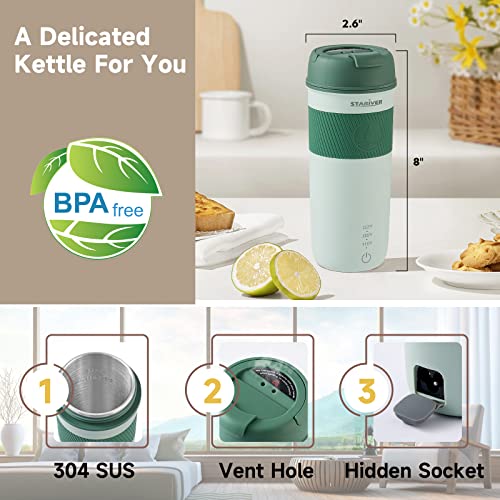 Stariver Travel Electric Kettle, 350ML Portable Electric Tea Kettle BPA-Free, Small Electric Kettle with 3 Temp Setting, Hot Water Boiler with Keep Warm, 304 Stainless Steel and Fast Boil, Green