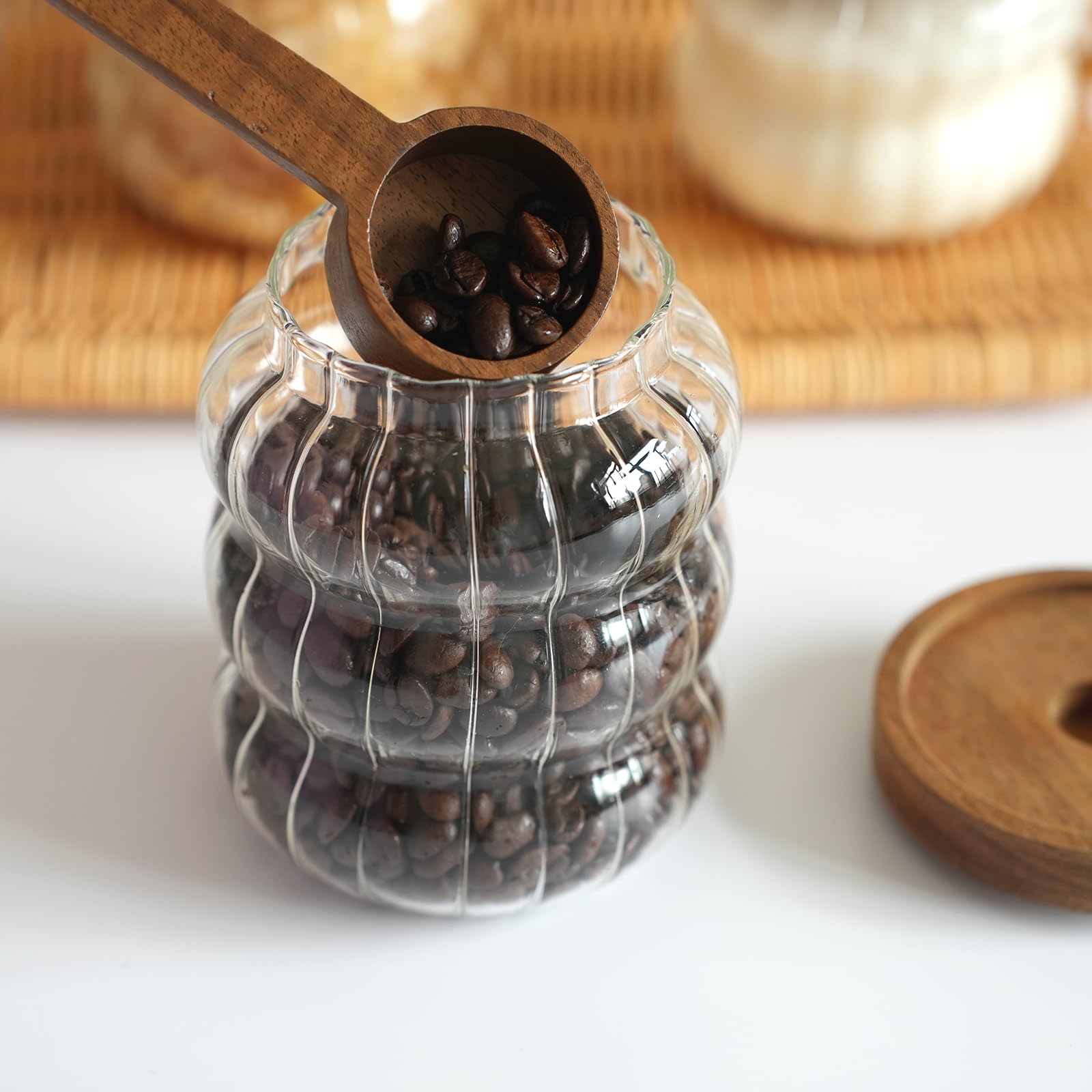 yutrenn Glass Jar with Airtight Lid Cute Glass Canisters for Nut Coffee Sugur Glass Storage Jar Sets of 3 Clear Jar for Kitchen Storage Decorative Container with Wood Lids, GJ-01B