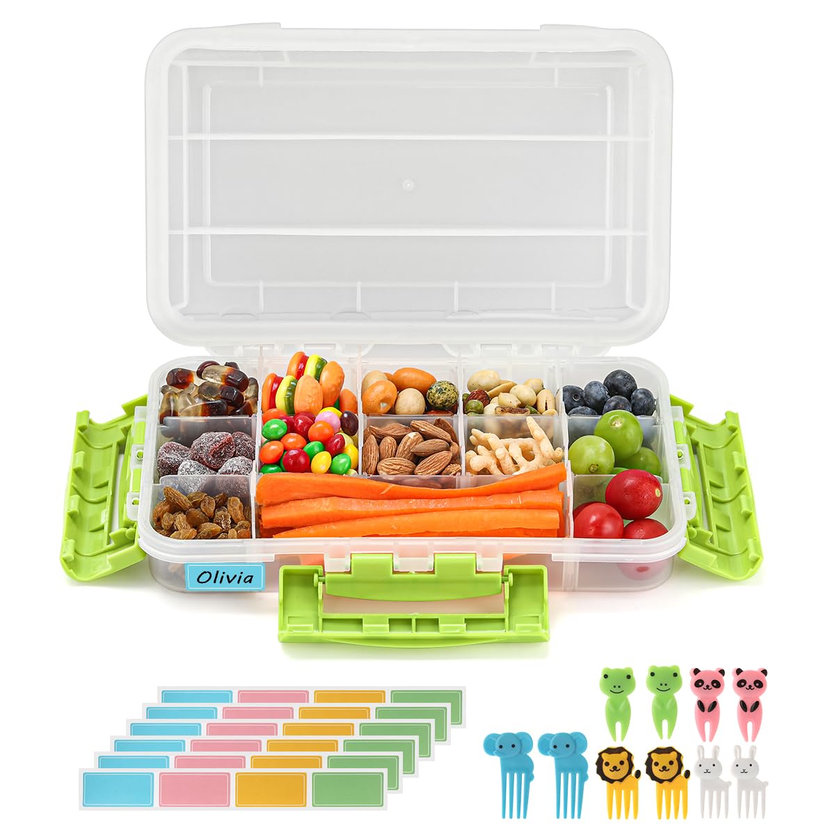 AIEVE Snack Box for Kids, Adjustable 13 Compartment Tackle Box for Snacks Charcuterie Container, Kids and Adult Reusable Snackle Box for Travel, School, Trip, Picnic, Boat