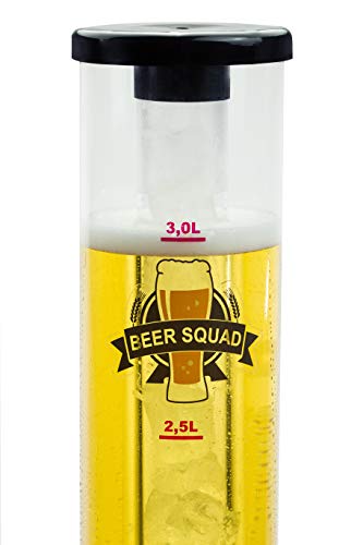 BeerSquad Beer Tower - 3L 100 oz. Clear Beverage Tower Dispenser with Included Ice Tube, Easy Clean, Dual Action Integrated Tap