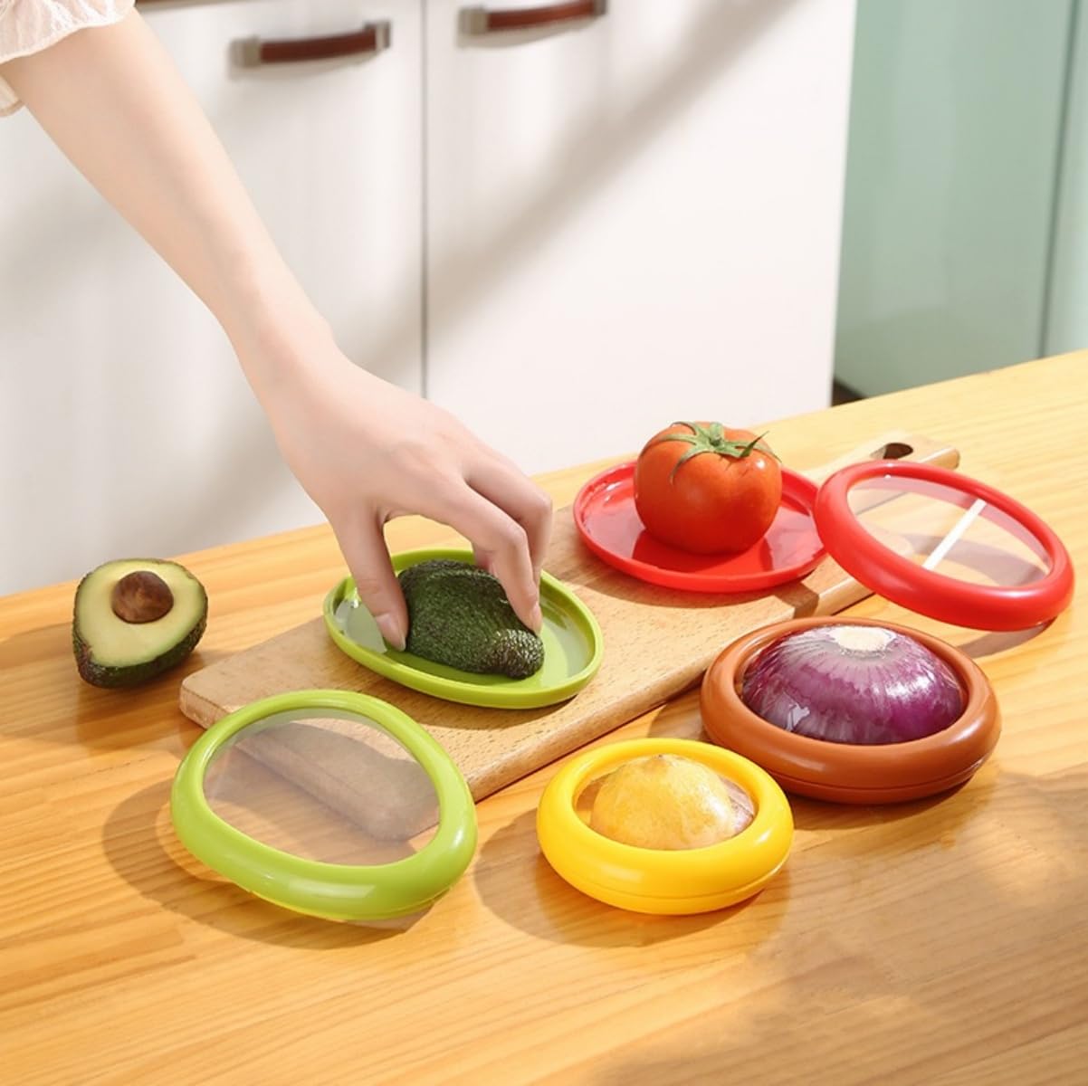EDUFUNBO Set of 4 Reusable Storage Containers for Fridge, Avocado Saver and Tomato Holder, Ideal for Garlic, Onions, Lemons, Potatoes