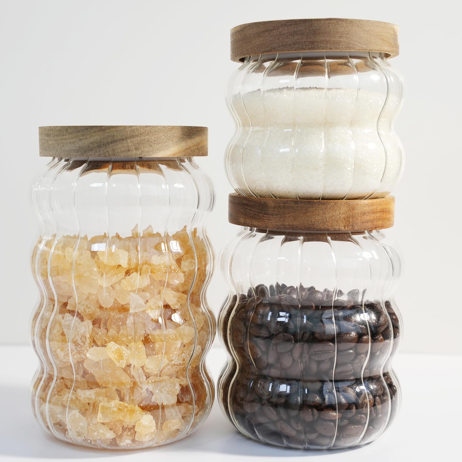 yutrenn Glass Jar with Airtight Lid Cute Glass Canisters for Nut Coffee Sugur Glass Storage Jar Sets of 3 Clear Jar for Kitchen Storage Decorative Container with Wood Lids, GJ-01B