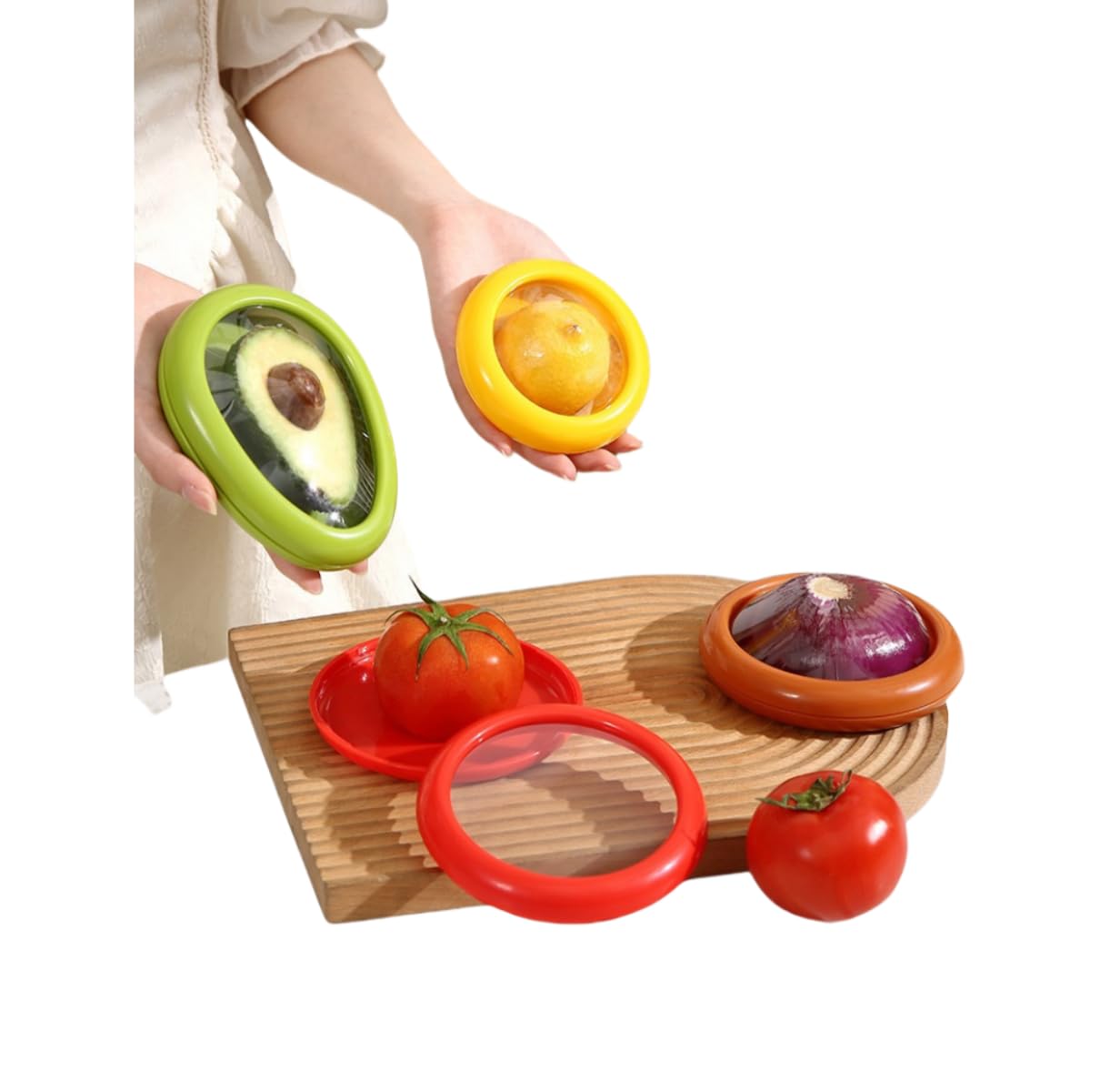 EDUFUNBO Set of 4 Reusable Storage Containers for Fridge, Avocado Saver and Tomato Holder, Ideal for Garlic, Onions, Lemons, Potatoes