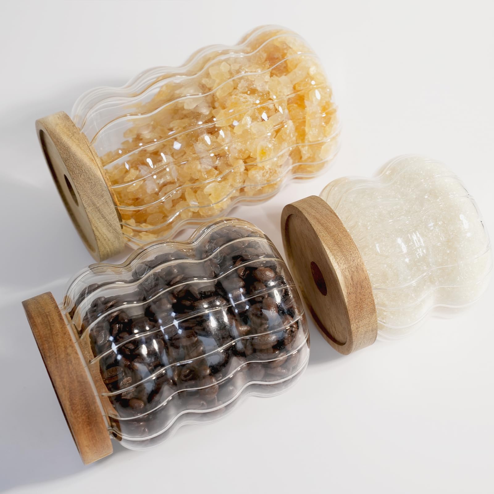 yutrenn Glass Jar with Airtight Lid Cute Glass Canisters for Nut Coffee Sugur Glass Storage Jar Sets of 3 Clear Jar for Kitchen Storage Decorative Container with Wood Lids, GJ-01B
