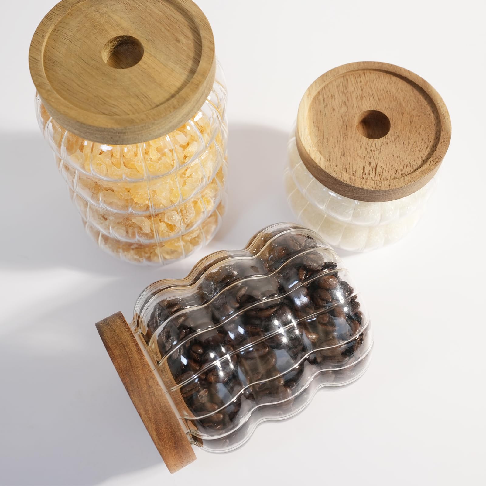 yutrenn Glass Jar with Airtight Lid Cute Glass Canisters for Nut Coffee Sugur Glass Storage Jar Sets of 3 Clear Jar for Kitchen Storage Decorative Container with Wood Lids, GJ-01B