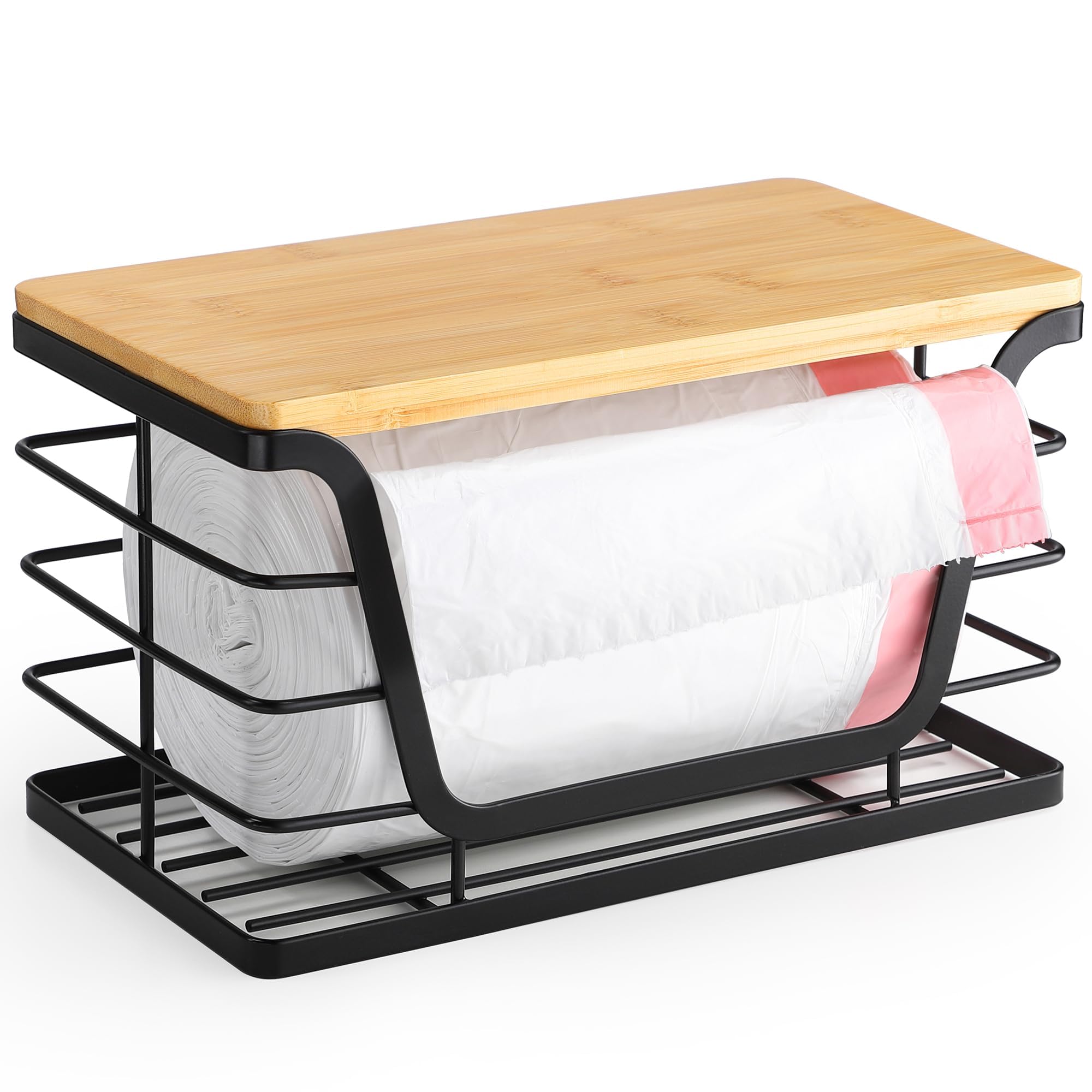ALOCEO Small Trash Bag Holder with Bamboo Top, Wall Mount Stackable Standard Garbage Bag Dispenser for Laundry Room Organization and Storage