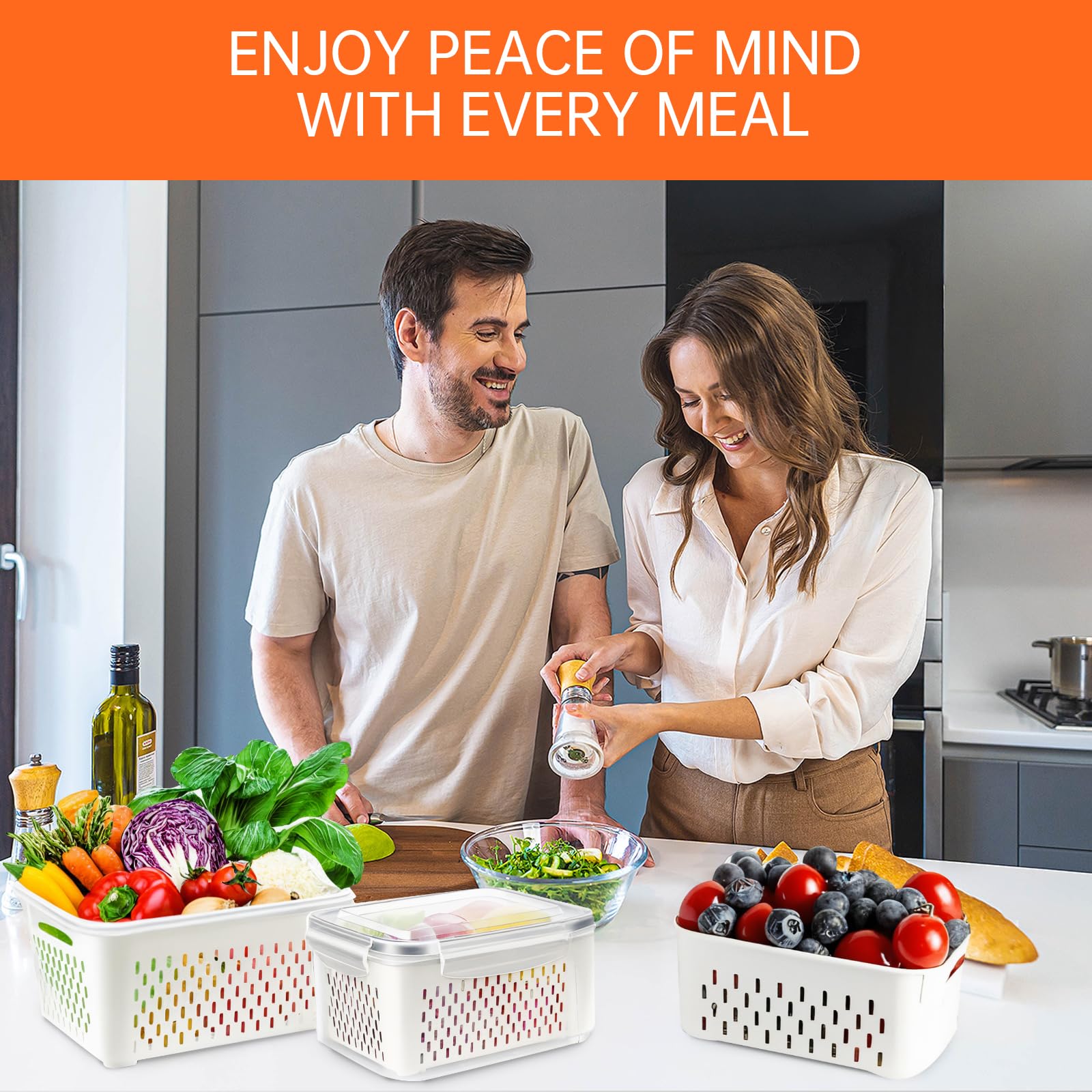 10 PCS Fruit Storage Containers for Fridge with Removable Colander, All-In-One Vegetable Berry Storage Containers for Washing, Draining, Freshness, the Largest Size with Handles